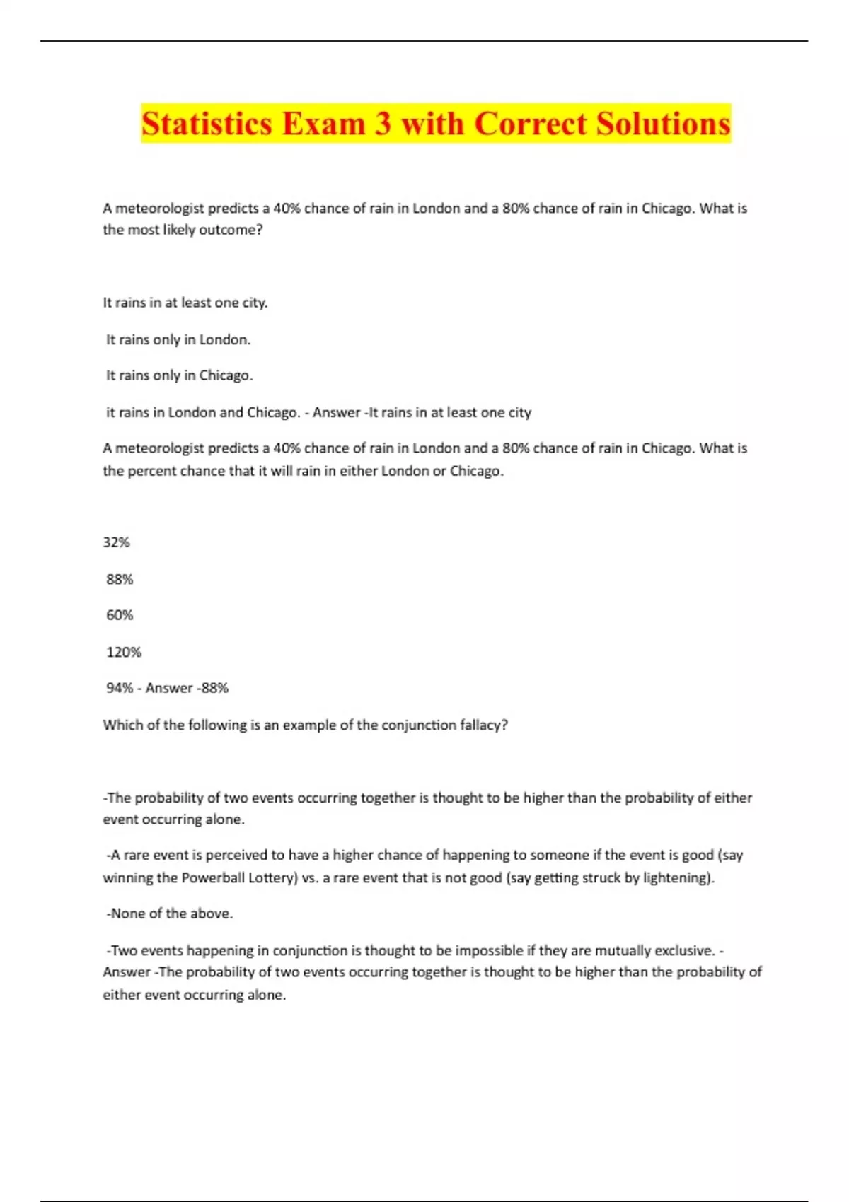 Statistics Exam 3 with Correct Solutions - Introduction to Statistics ...