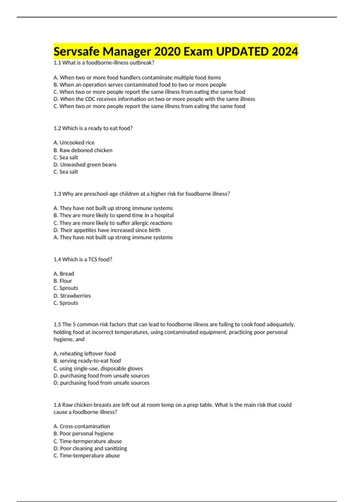 Servsafe Manager 2020 Exam UPDATED 2024 - ServSafe Manager - Stuvia US