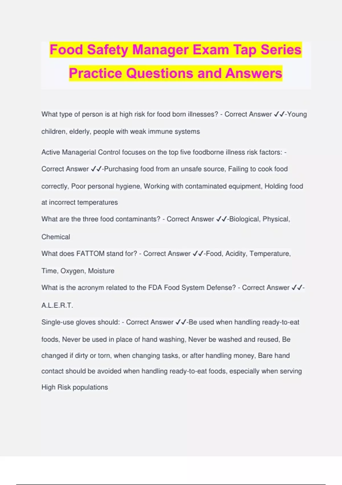 Food Safety Manager Exam Tap Series Practice Questions and Answers ...