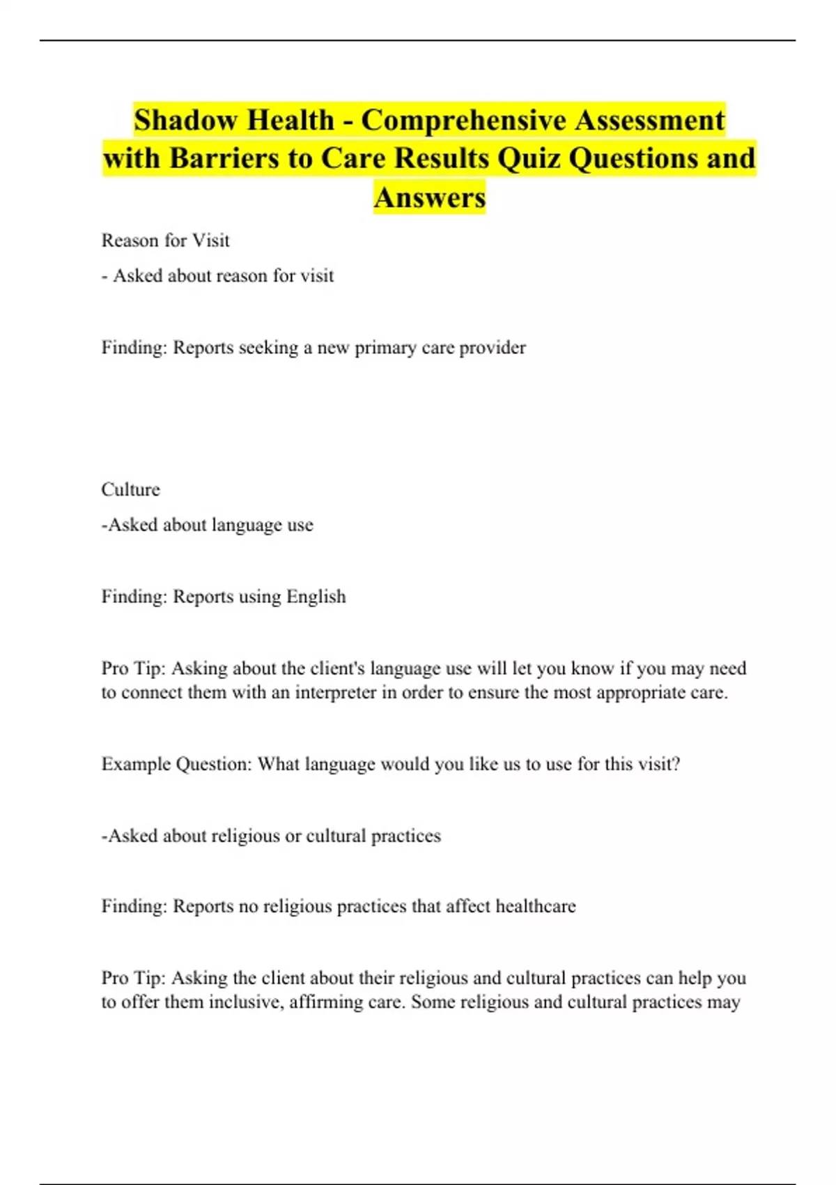 Shadow Health - Comprehensive Assessment with Barriers to Care Results ...