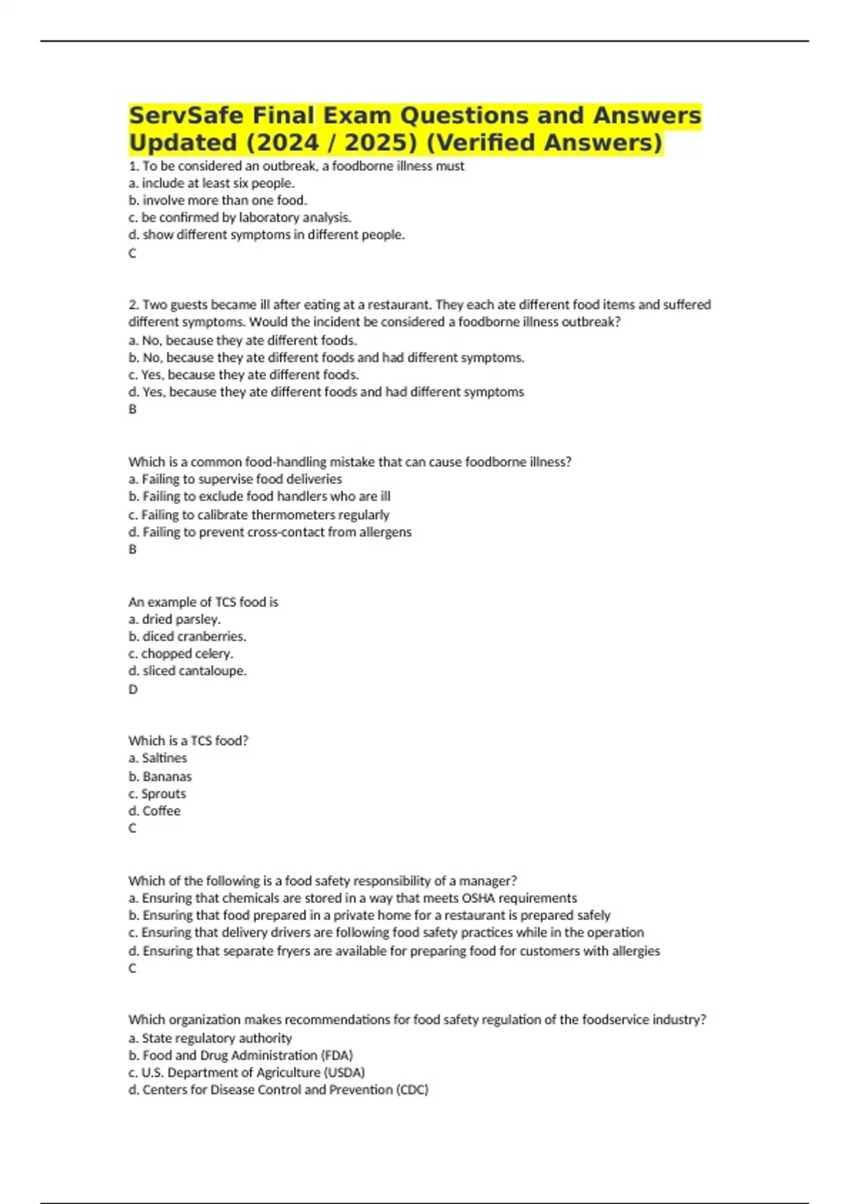ServSafe Final Exam Questions and Answers Updated (2024 / 2025 ...