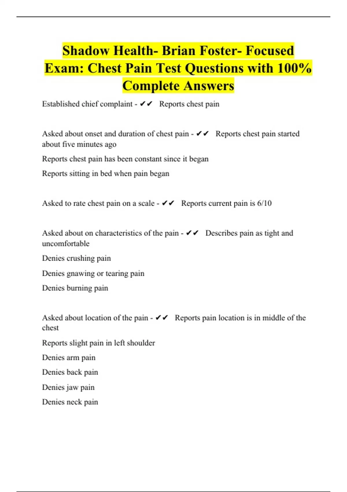 Shadow Health- Brian Foster- Focused Exam: Chest Pain Test Questions ...