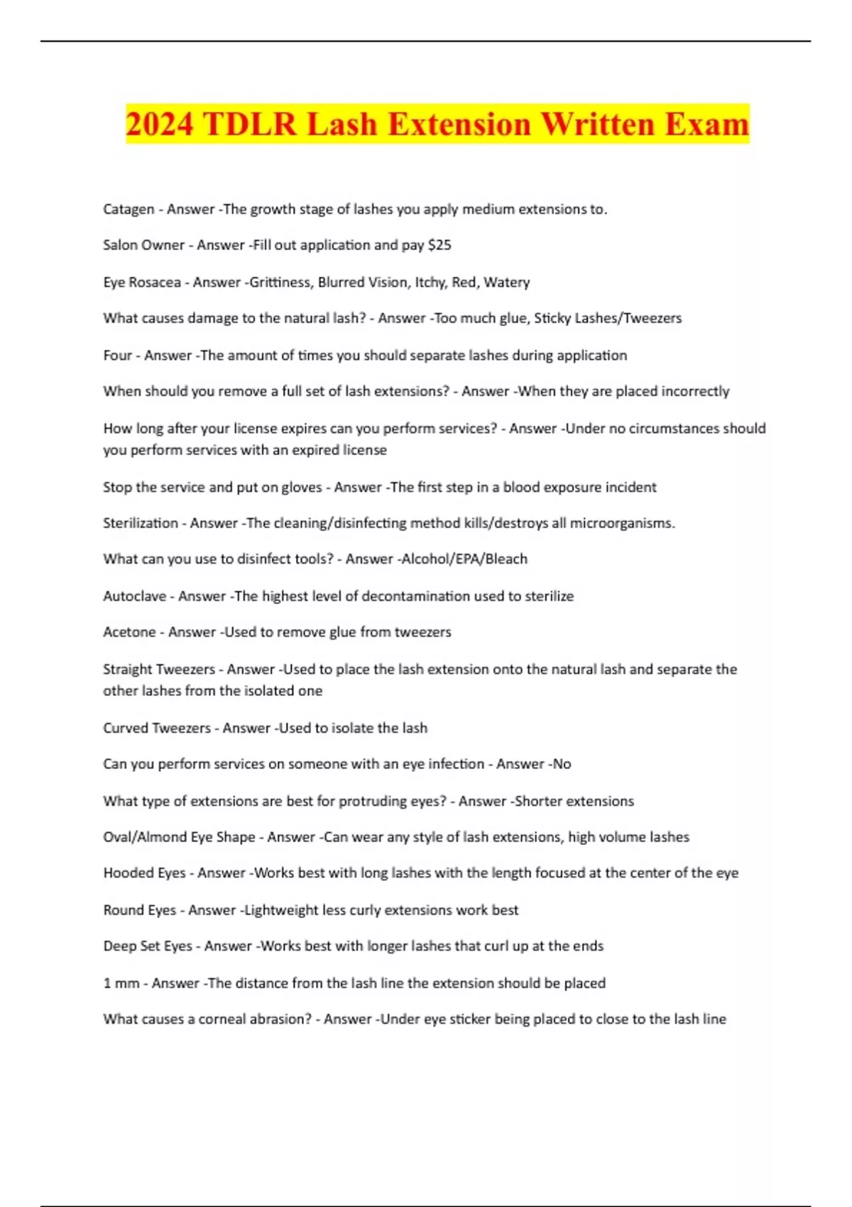 2024 TDLR Lash Extension Written Exam - TDLR Cosmetology - Stuvia US