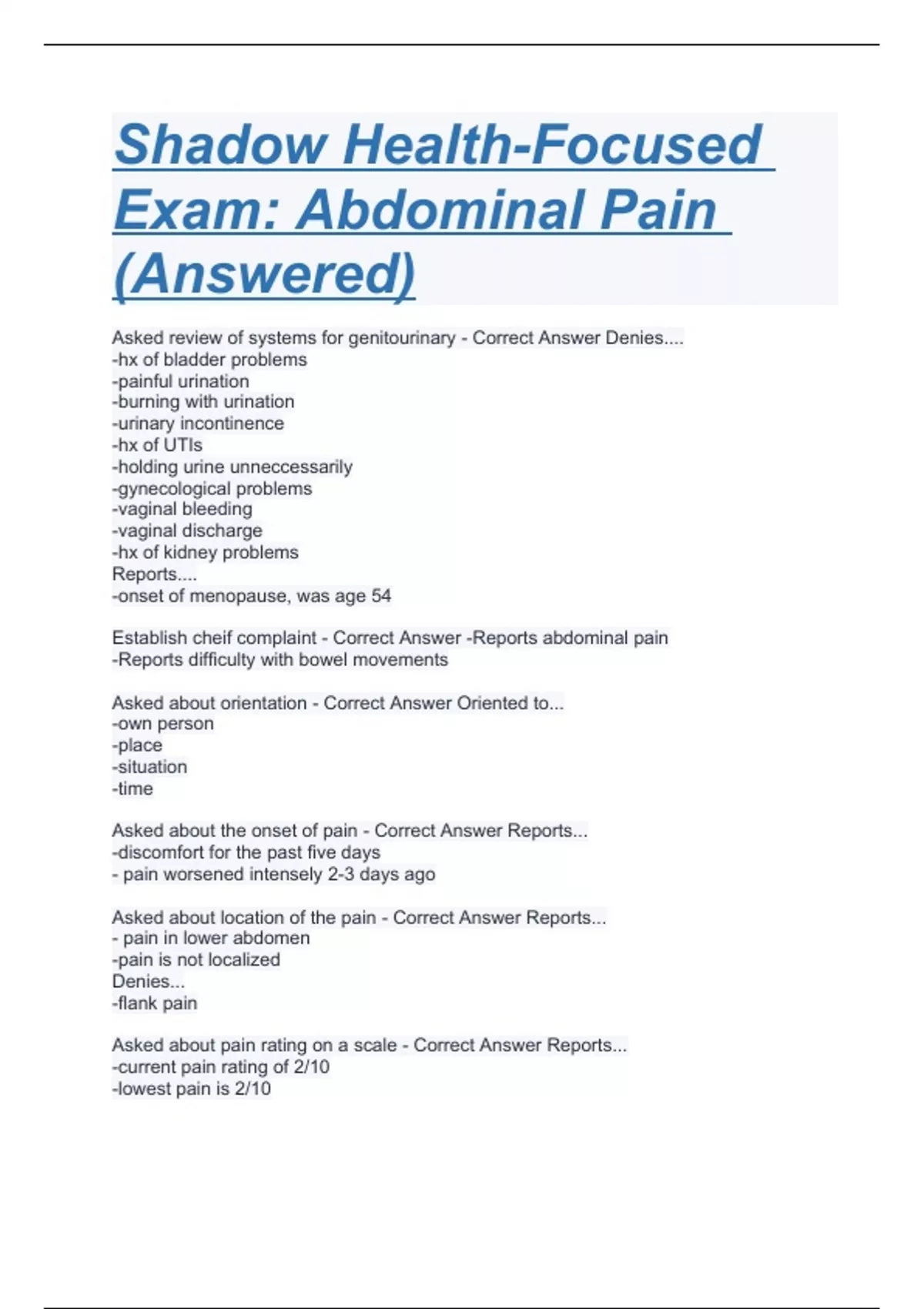 Shadow Health-Focused Exam: Abdominal Pain (Answered) - Shadow Health ...