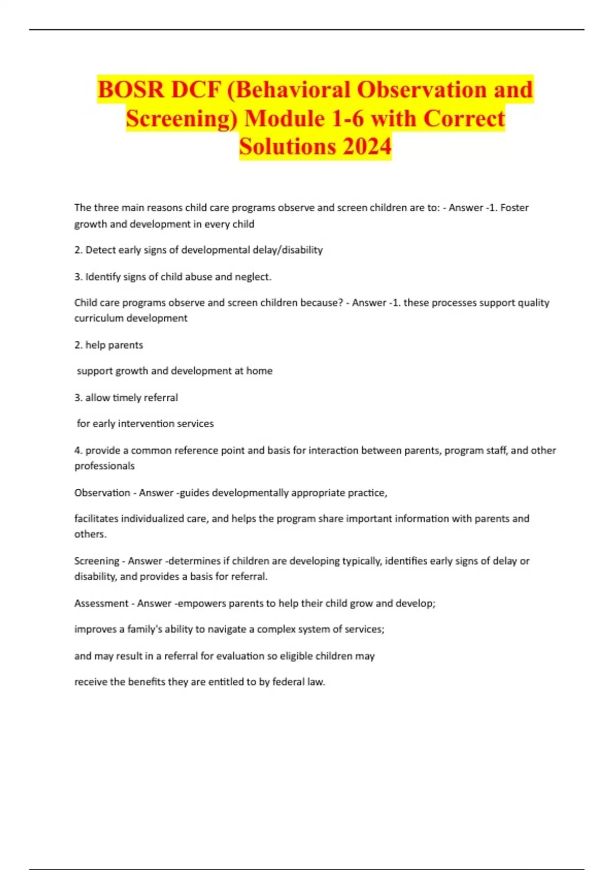 BOSR DCF (Behavioral Observation and Screening) Module 1-6 with Correct ...