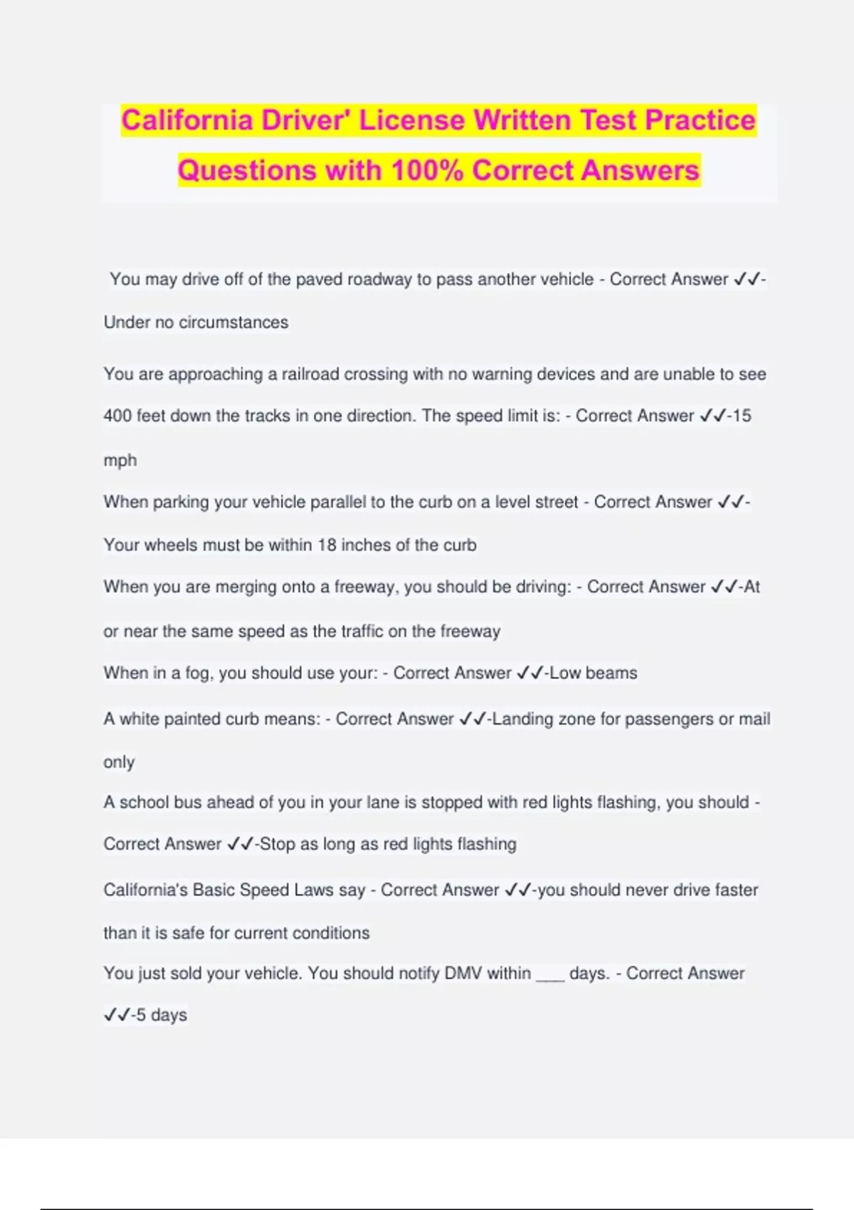 California Driver' License Written Test Practice Questions with 100% ...