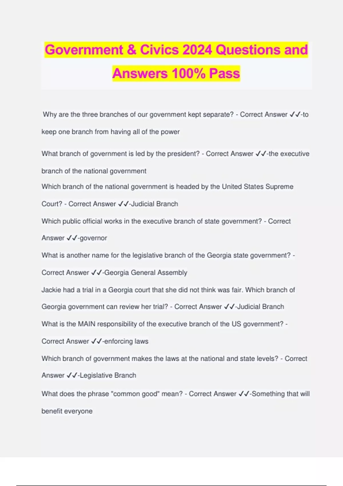 Government & Civics 2024 Questions and Answers 100% Pass - Georgia ...