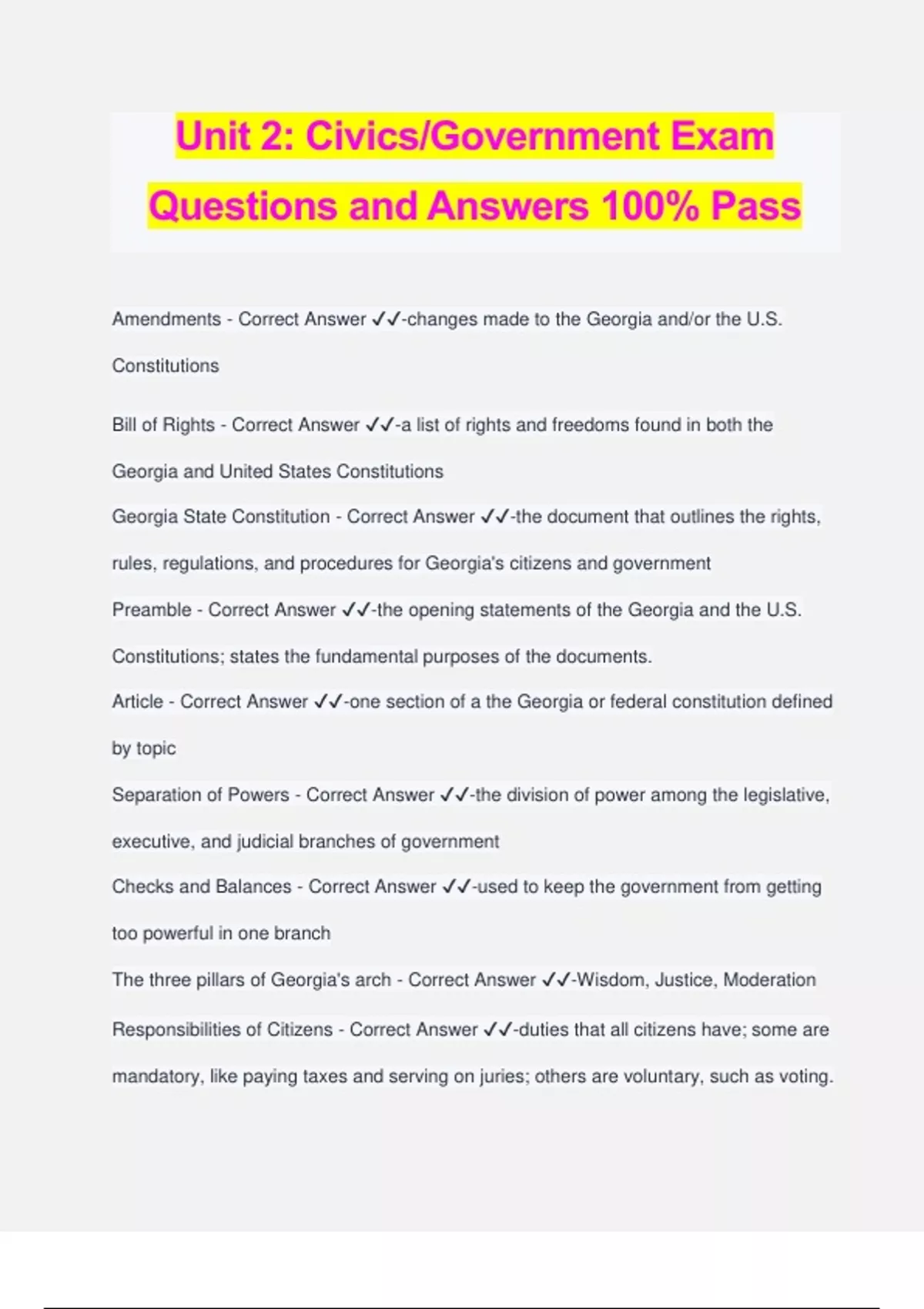 Unit 2: Civics/Government Exam Questions and Answers 100% Pass ...
