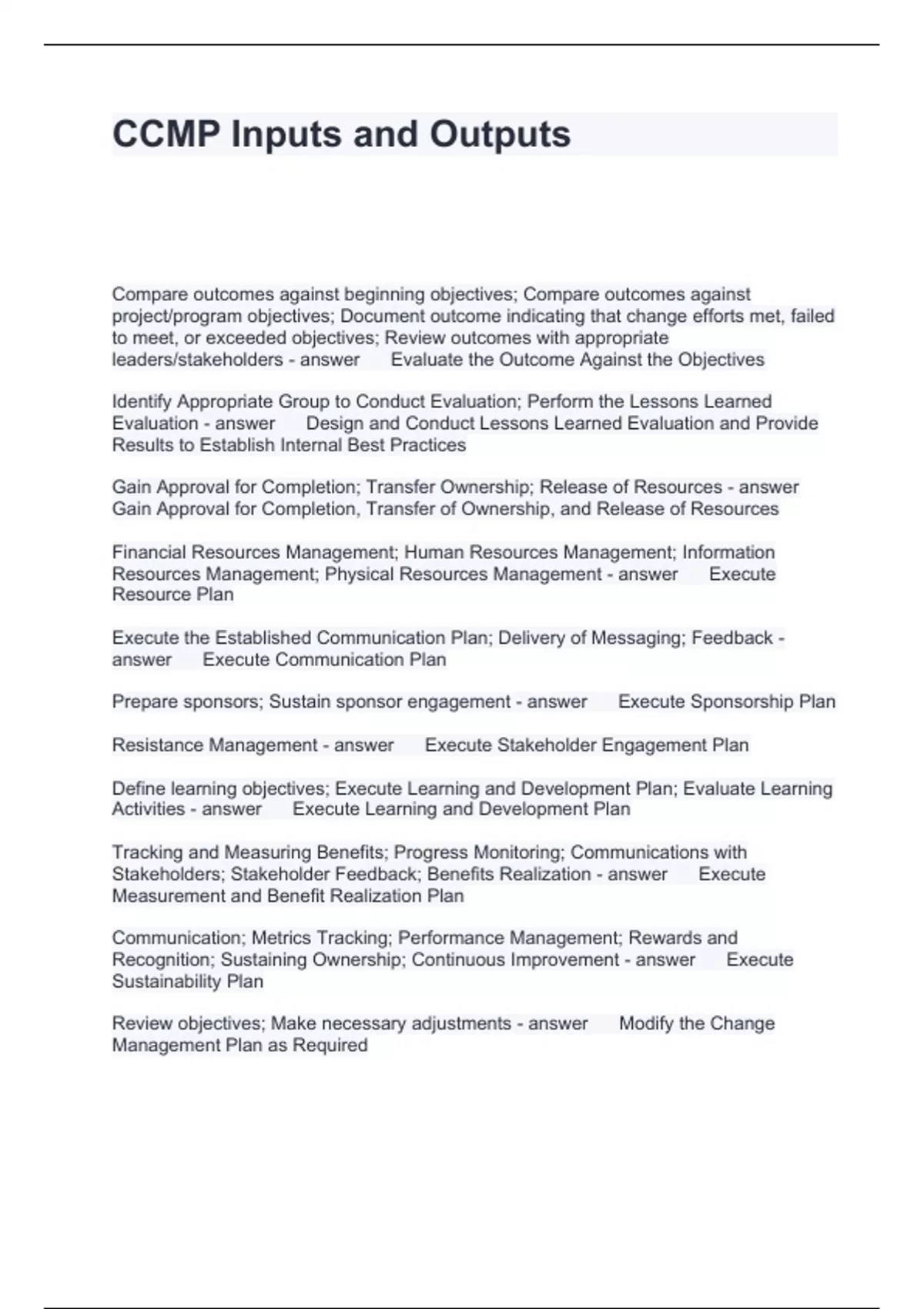 CCMP Inputs and Outputs Questions and Answers 2024 - CCMP - Stuvia US