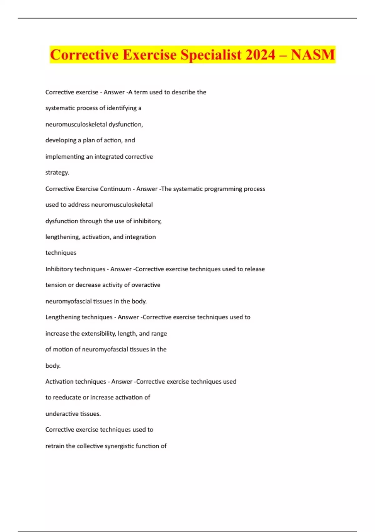 Corrective Exercise Specialist 2024 – NASM - NASM Ces - Stuvia US