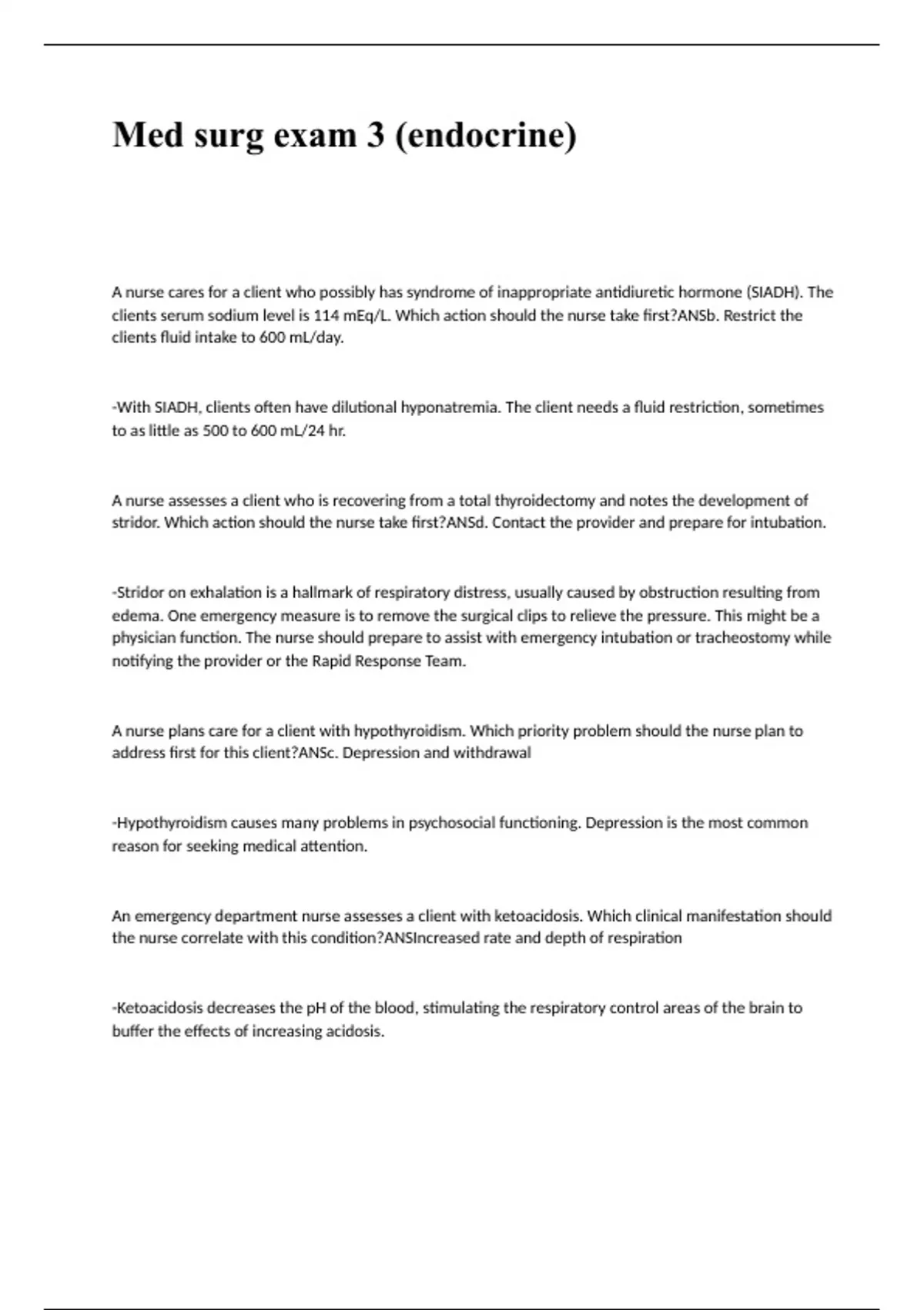 Med surg exam 3 (endocrine) Questions and Answers 2024 Latest Edition ...
