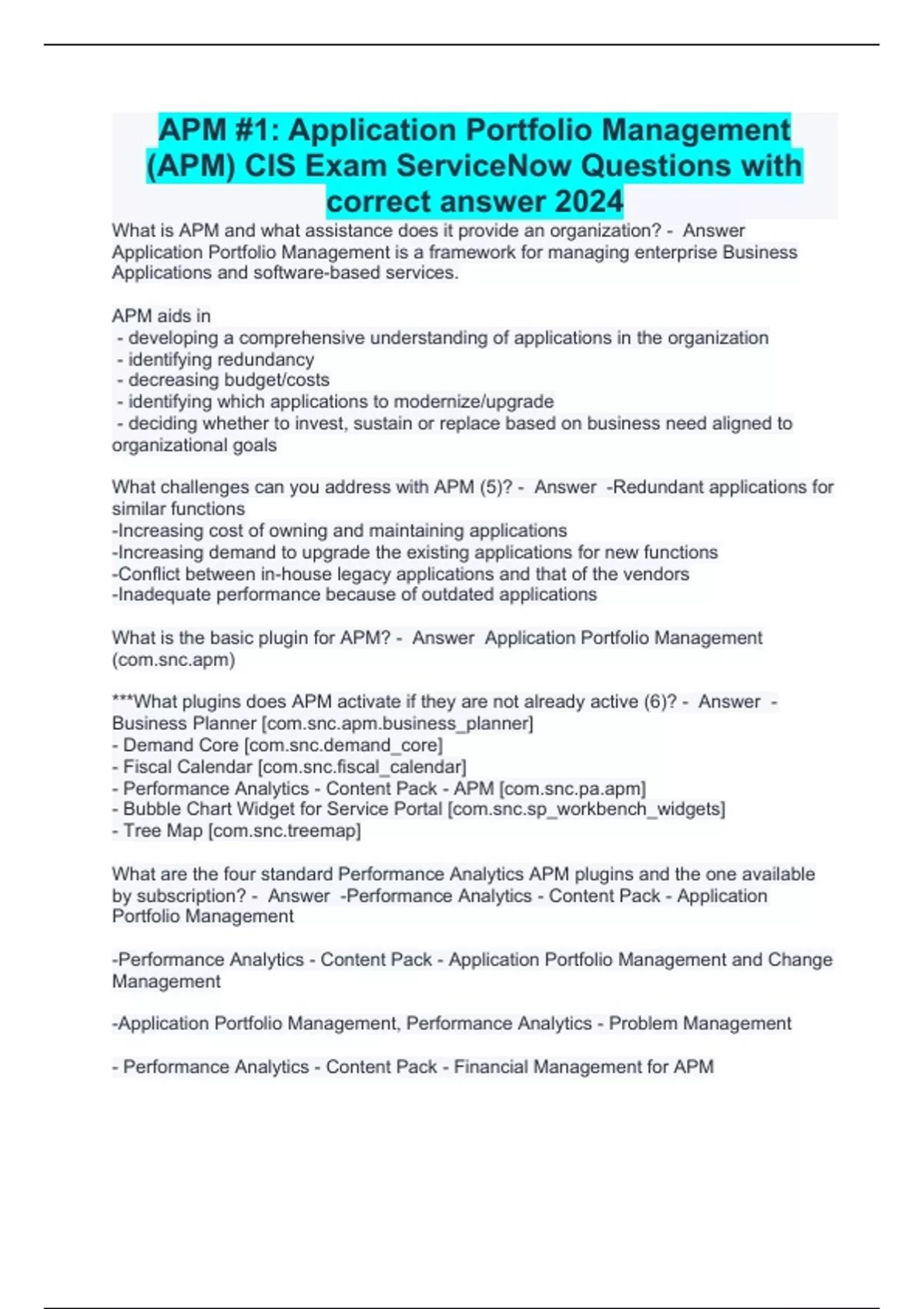 APM #1: Application Portfolio Management (APM) CIS Exam ServiceNow Questions with correct answer ...