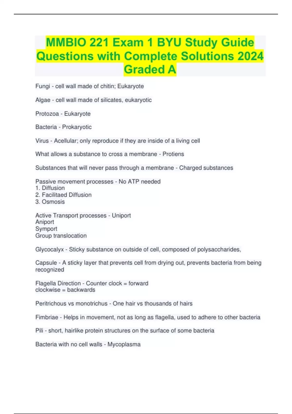 MMBIO 221 Exam 1 BYU Study Guide Questions with Complete Solutions 2024 Graded A - MMBIO 221 ...
