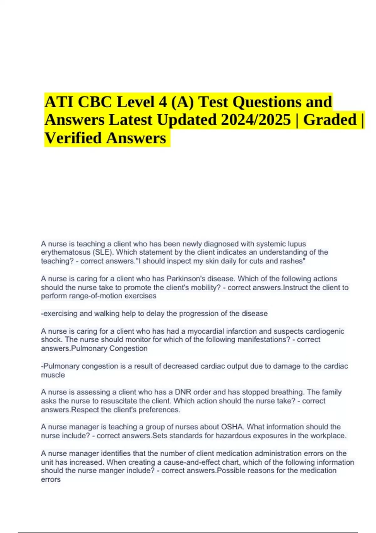 ATI CBC Level 4 (A) Test Questions and Answers, Latest Updated 2024/ ...