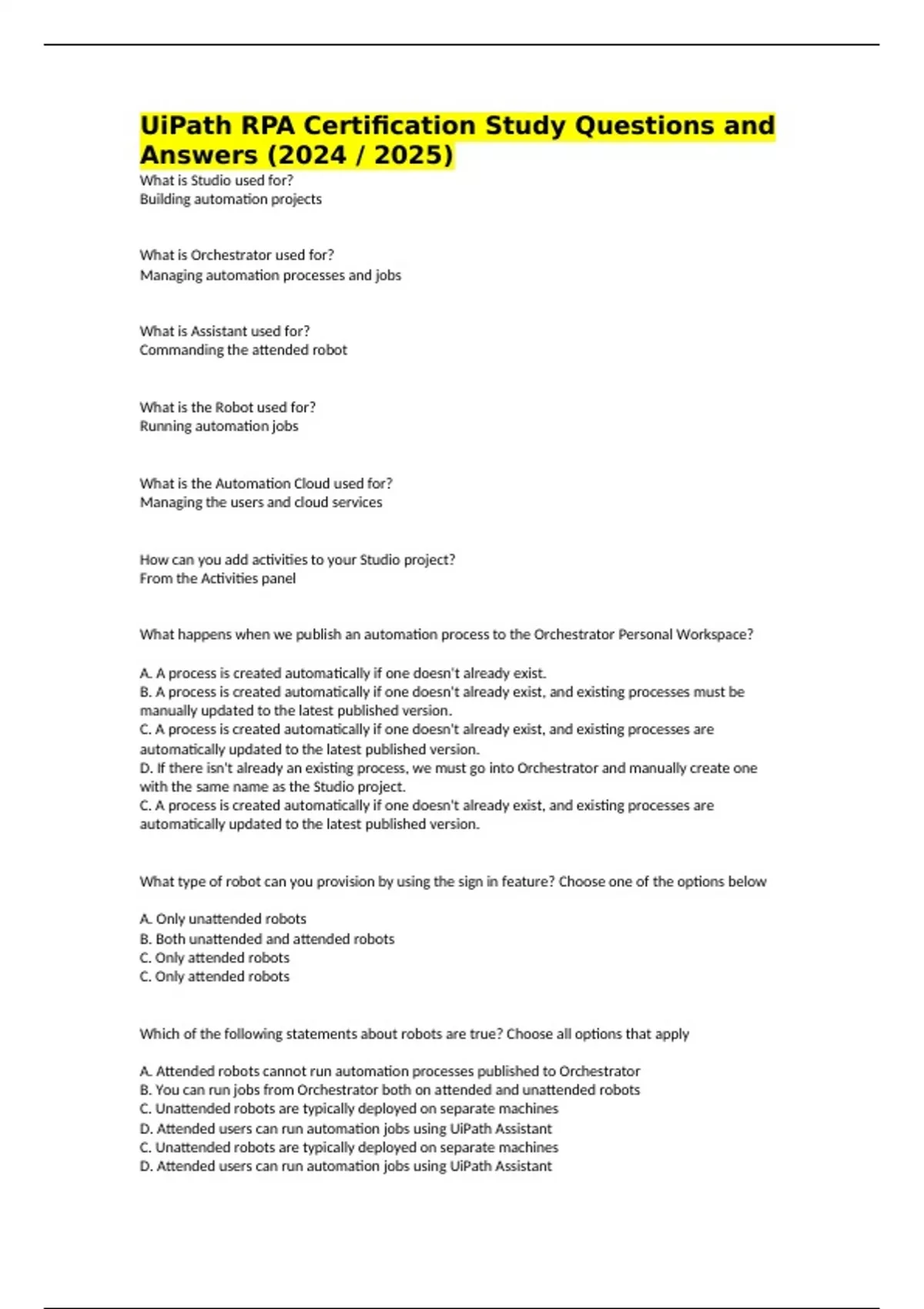 UiPath RPA Certification Study Questions and Answers (2024 / 2025 ...