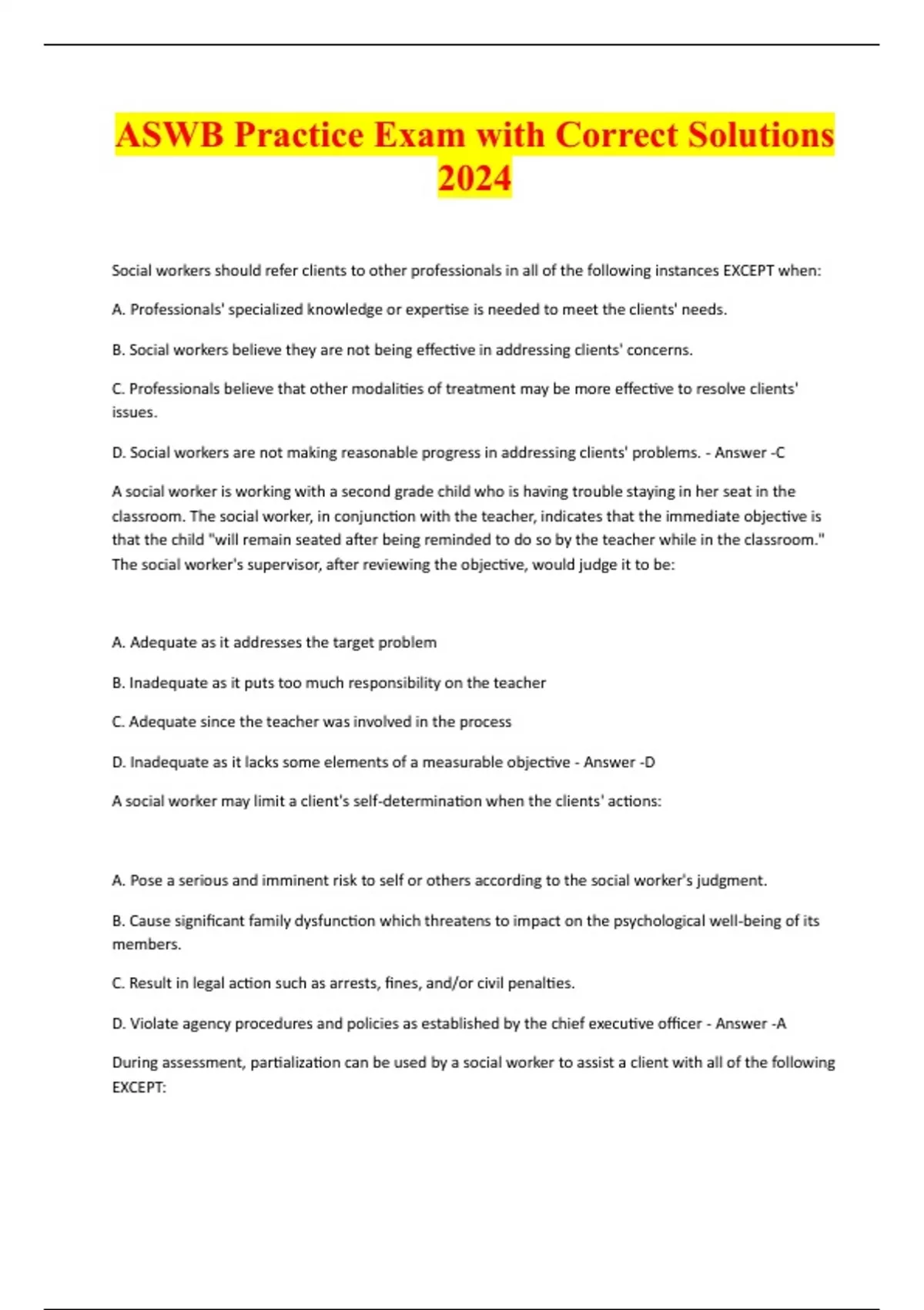 ASWB Practice Exam with Correct Solutions 2024 - ASWB - Stuvia US