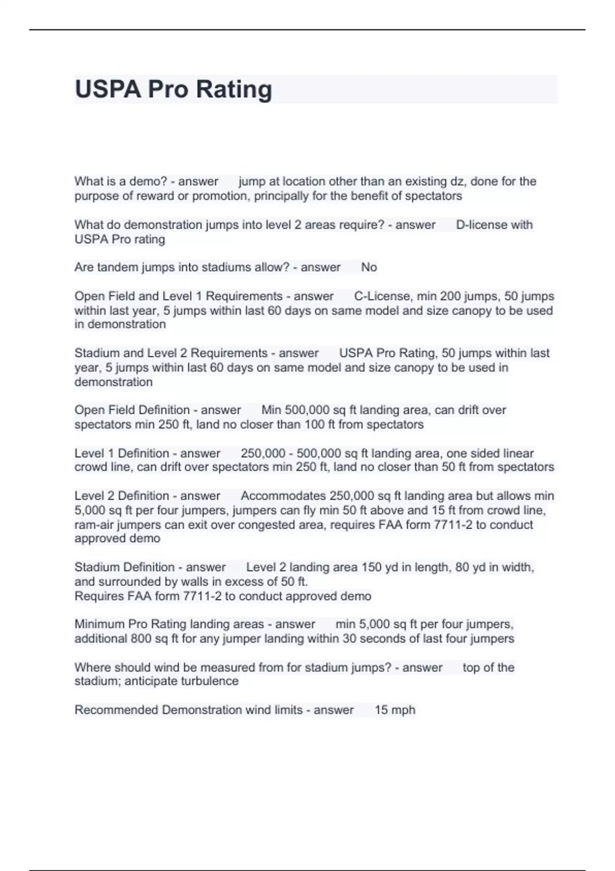 USPA Pro Rating Questions with correct Answers 2024 - USPA - Stuvia US