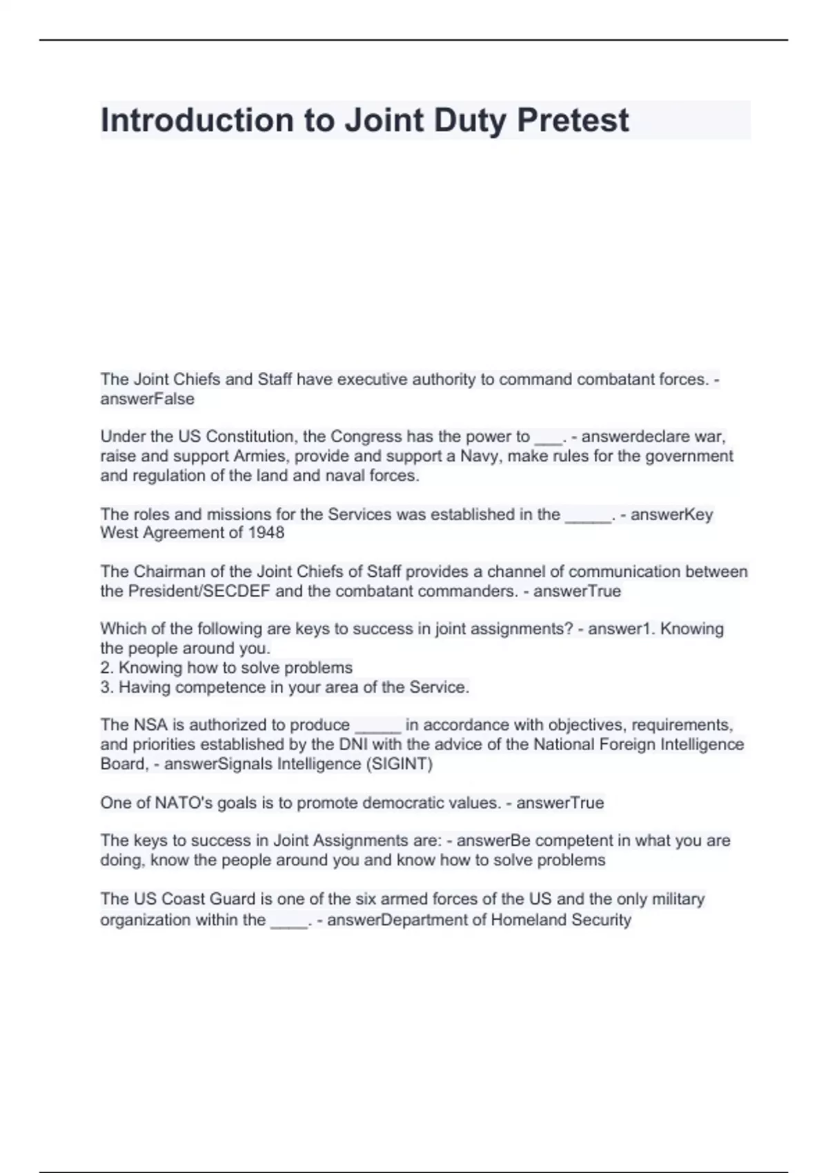 Introduction to Joint Duty Pretest questions with answers - SJEPME ...