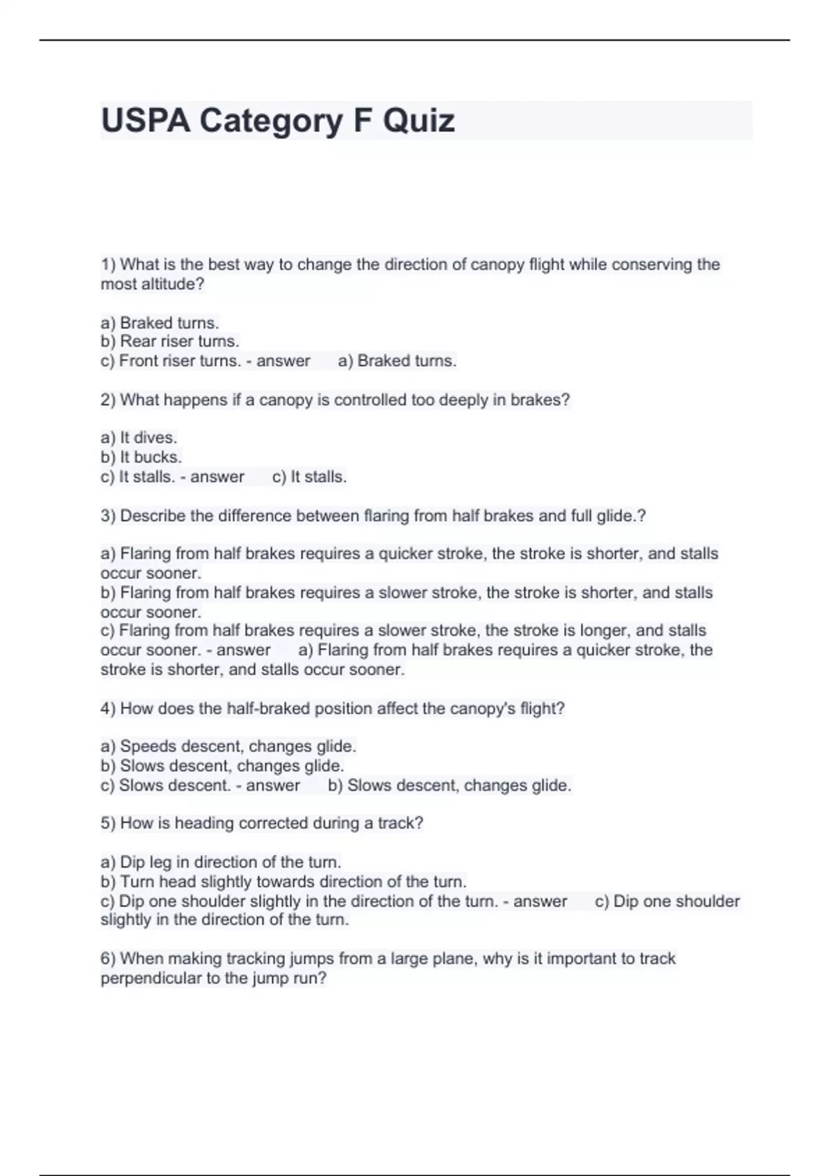 USPA Category F Quiz Questions with correct Answers 2024 - USPA - Stuvia US