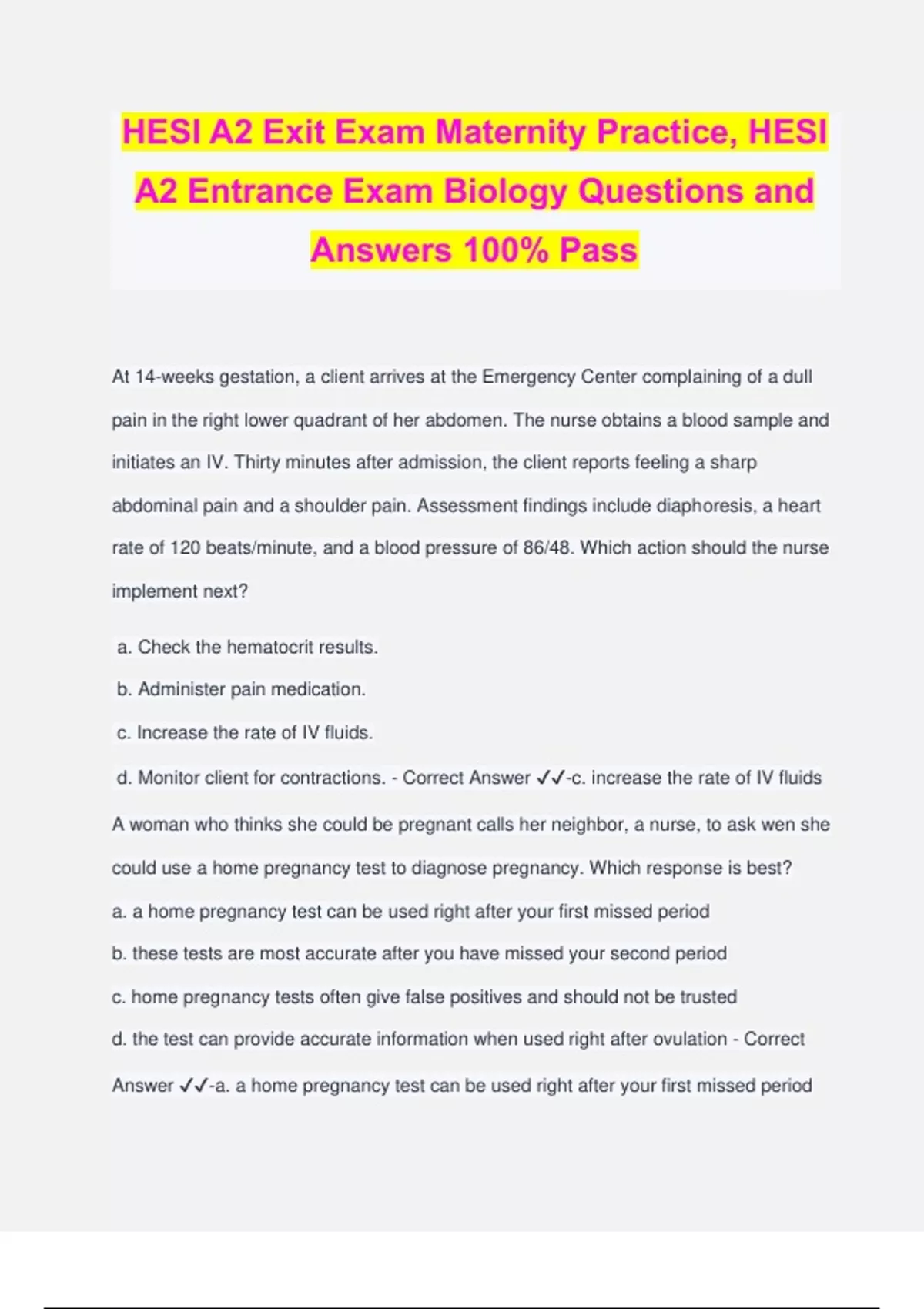 HESI A2 Exit Exam Maternity Practice, HESI A2 Entrance Exam Biology ...