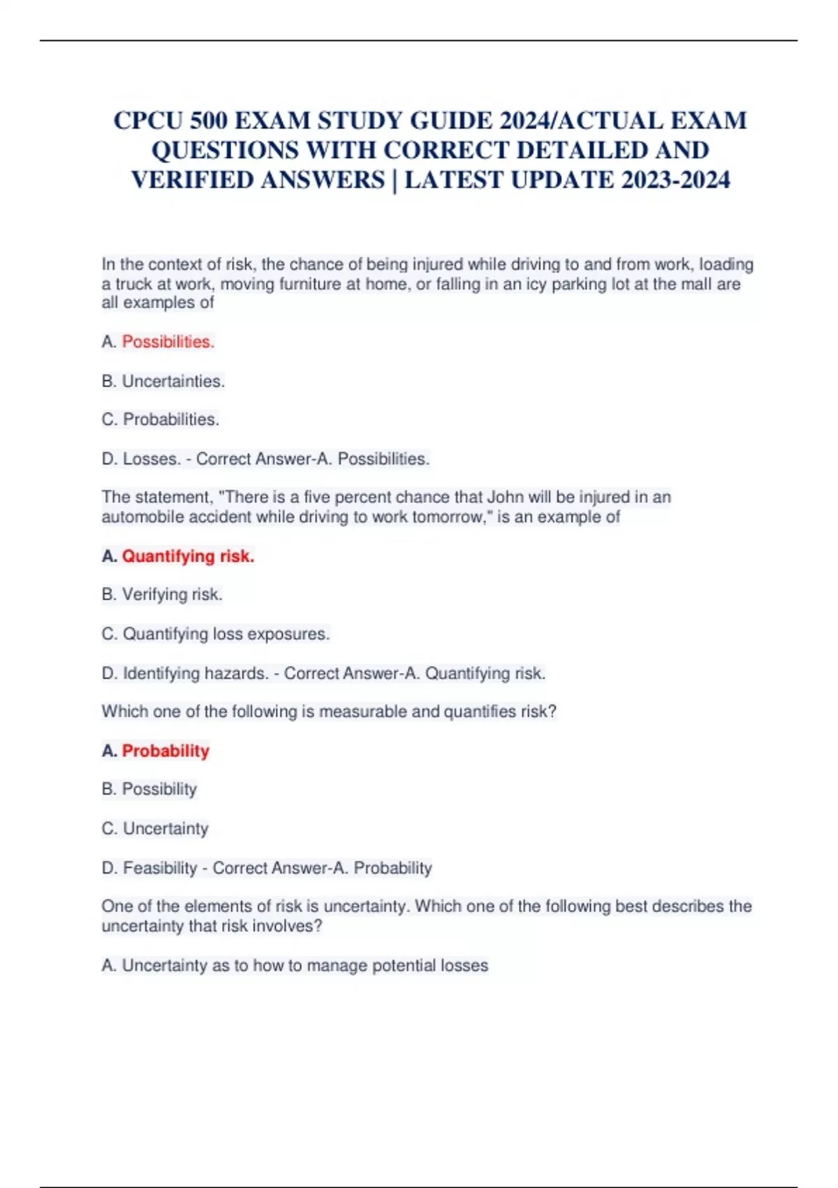 CPCU 500 EXAM STUDY GUIDE 2024/ACTUAL EXAM QUESTIONS WITH CORRECT ...