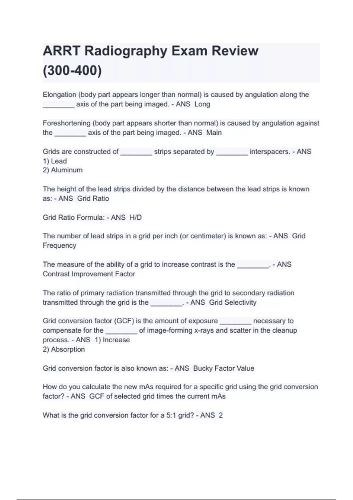 ARRT Radiography Exam Review (300-400)Questions And Answers - Arrt ...