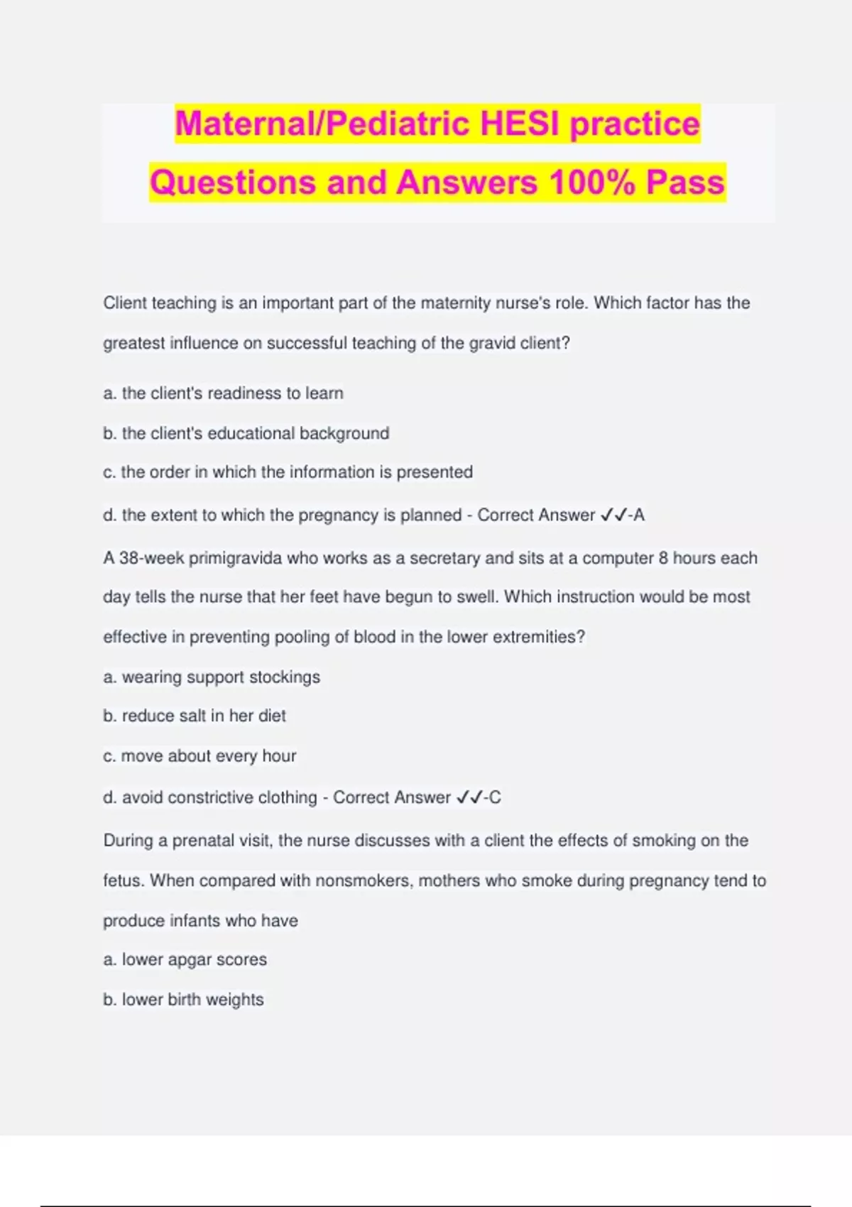 Maternal/Pediatric HESI practice Questions and Answers 100% Pass ...