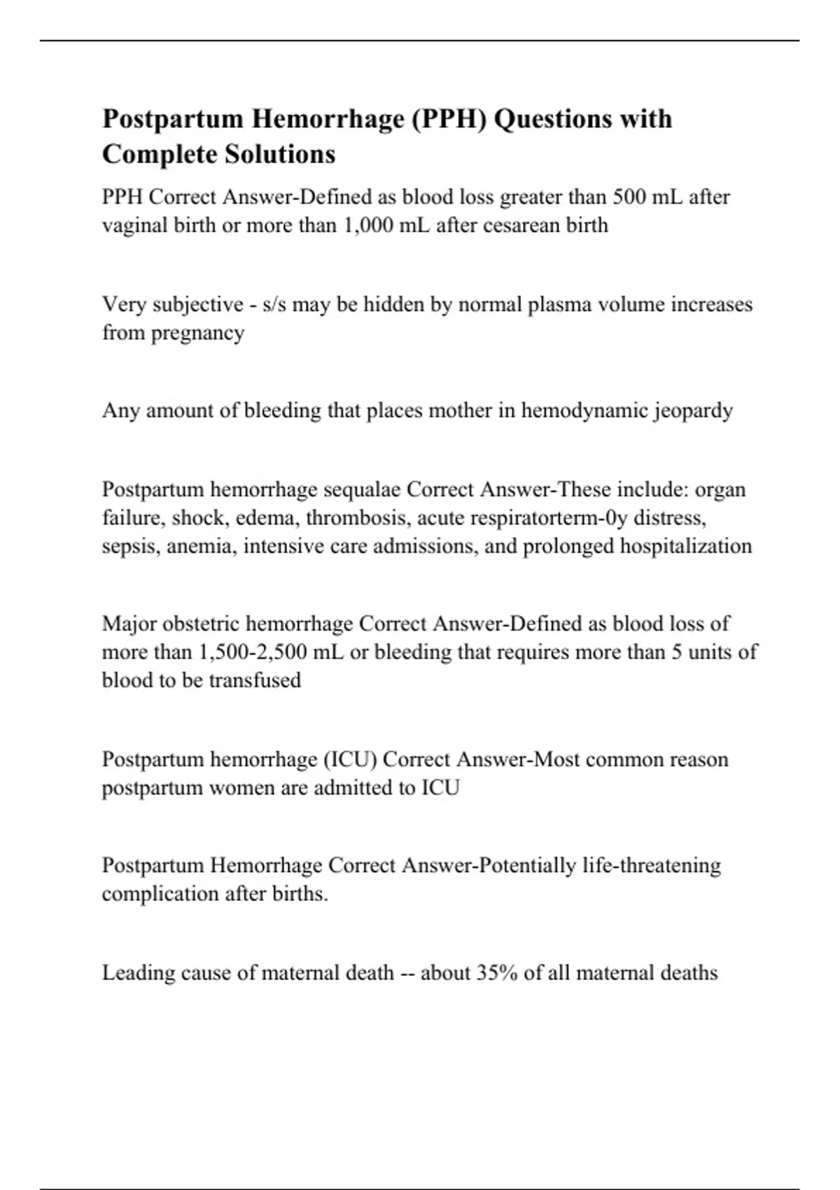 Postpartum Hemorrhage (PPH) Questions with Complete Solutions - Nursing ...