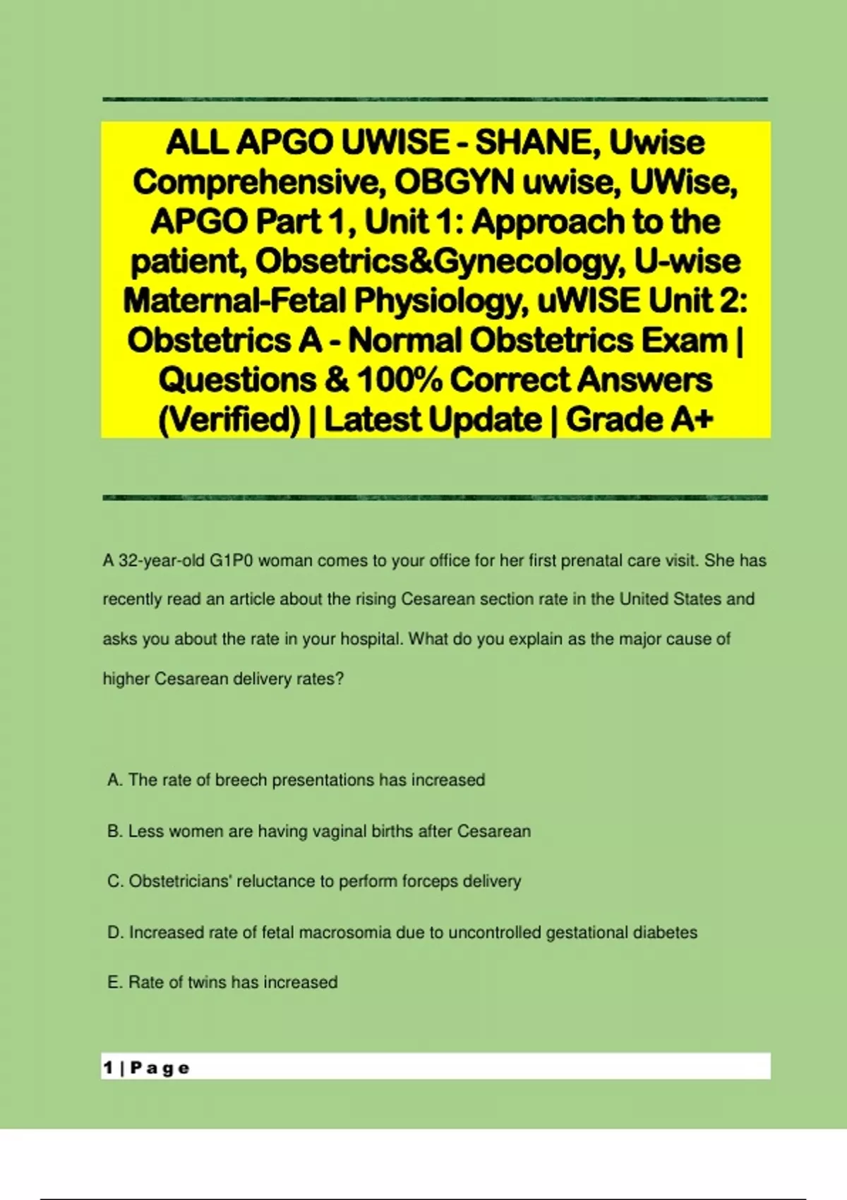 ALL APGO UWISE - SHANE, Uwise Comprehensive, OBGYN uwise, UWise, APGO Part 1, Unit 1: Approach ...