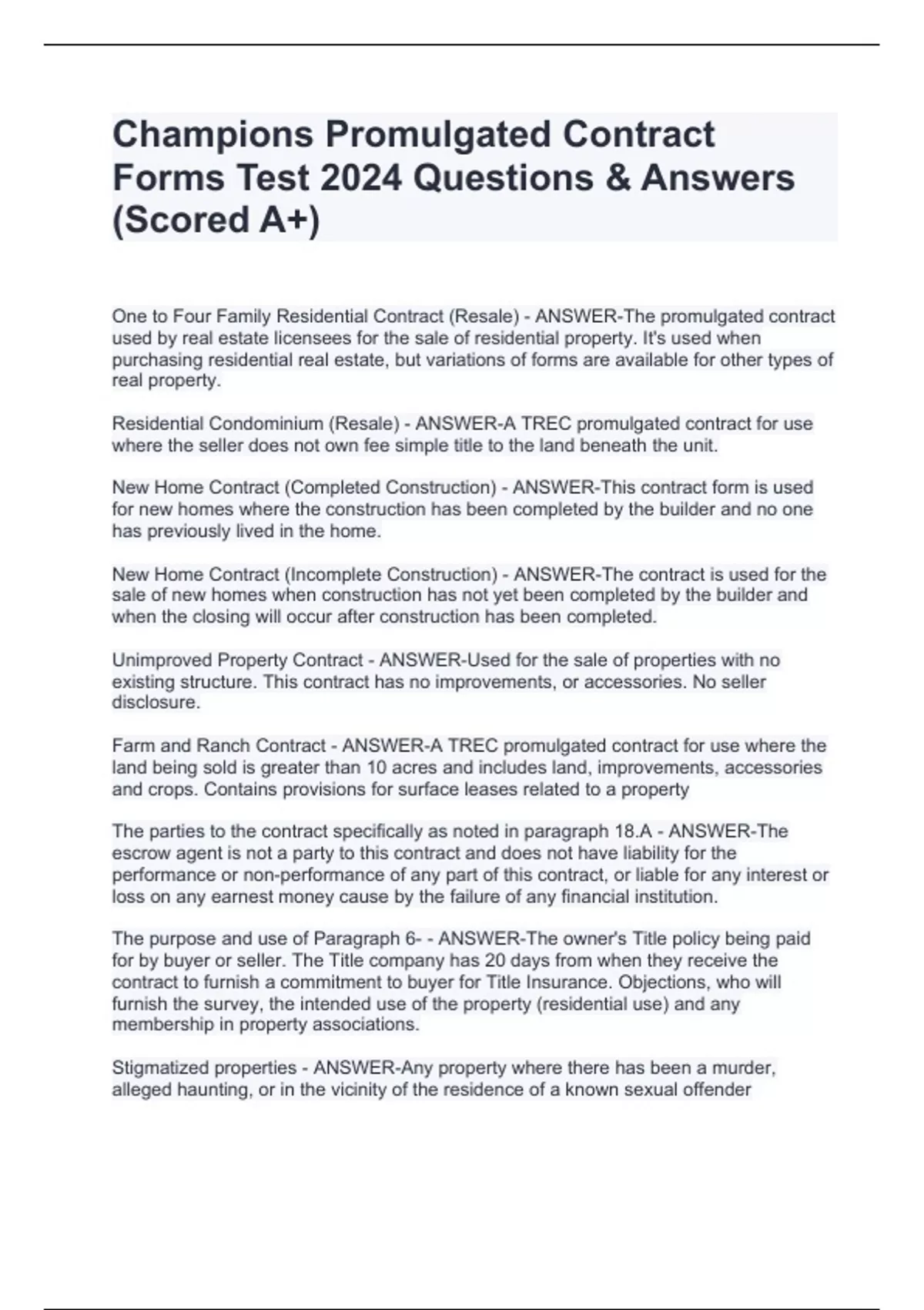 Champions Promulgated Contract Forms Test 2024 Questions & Answers ...