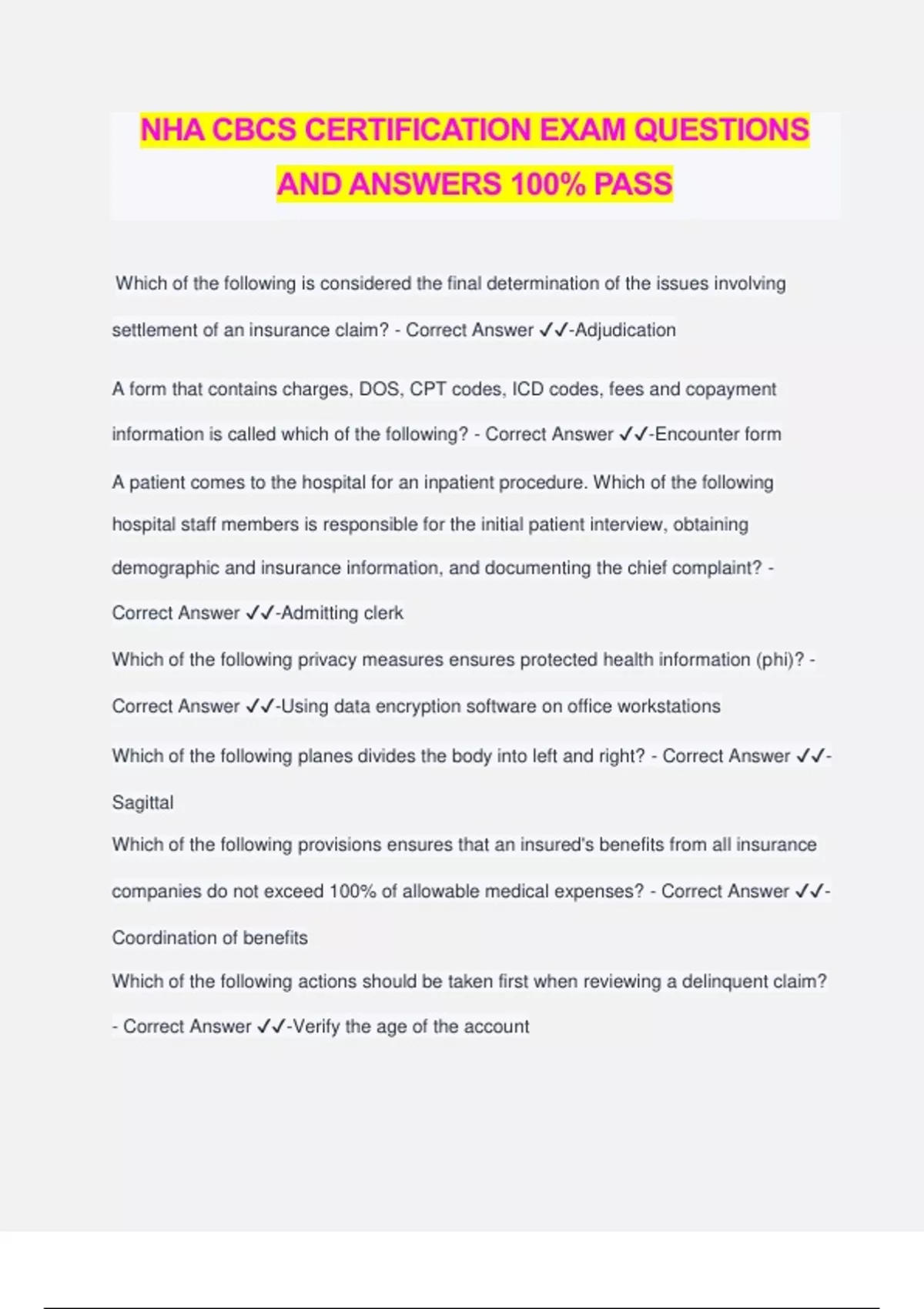 NHA CBCS CERTIFICATION EXAM QUESTIONS AND ANSWERS 100% PASS - NHA ...