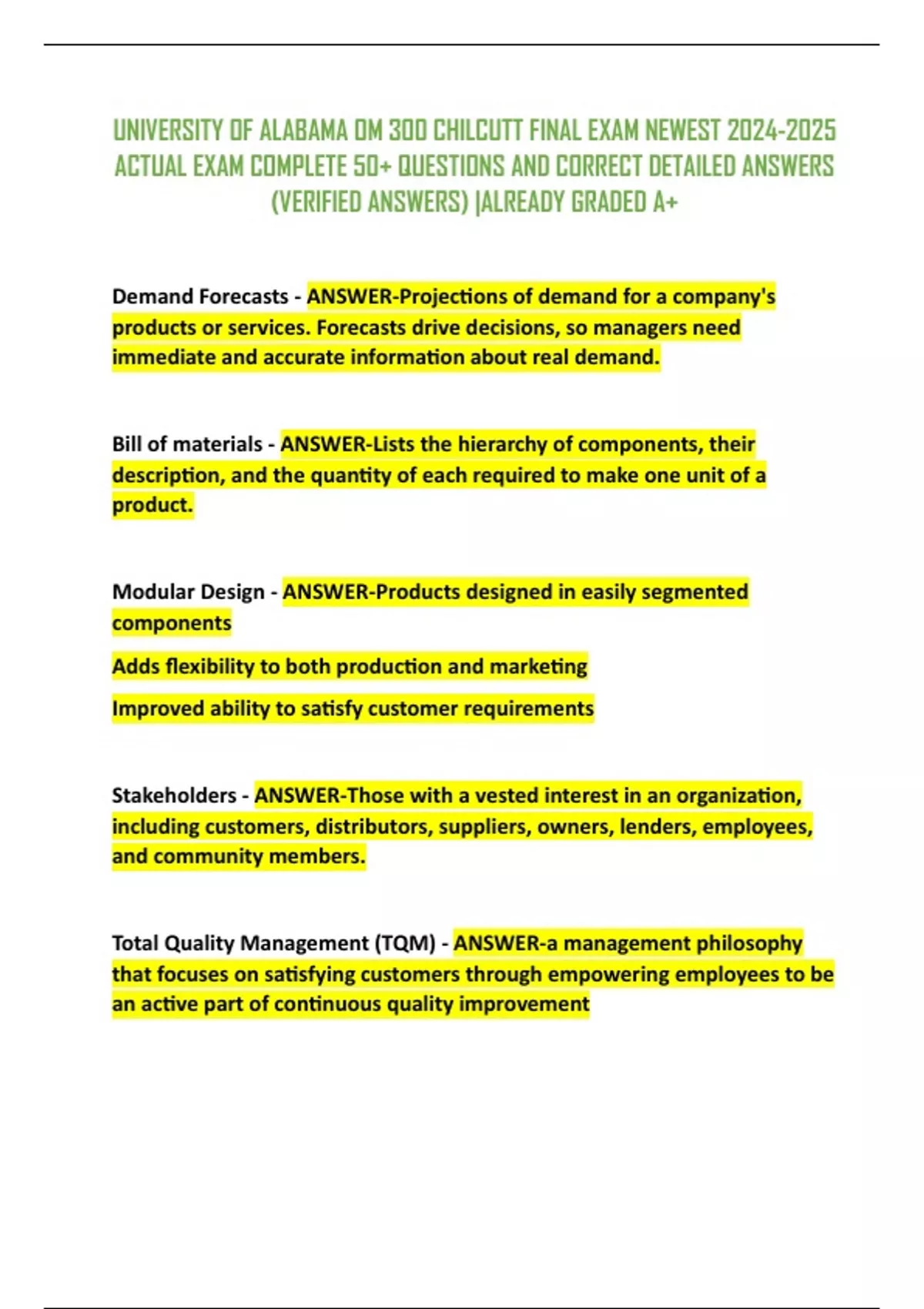 UNIVERSITY OF ALABAMA OM 300 CHILCUTT FINAL EXAM NEWEST ACTUAL EXAM ...