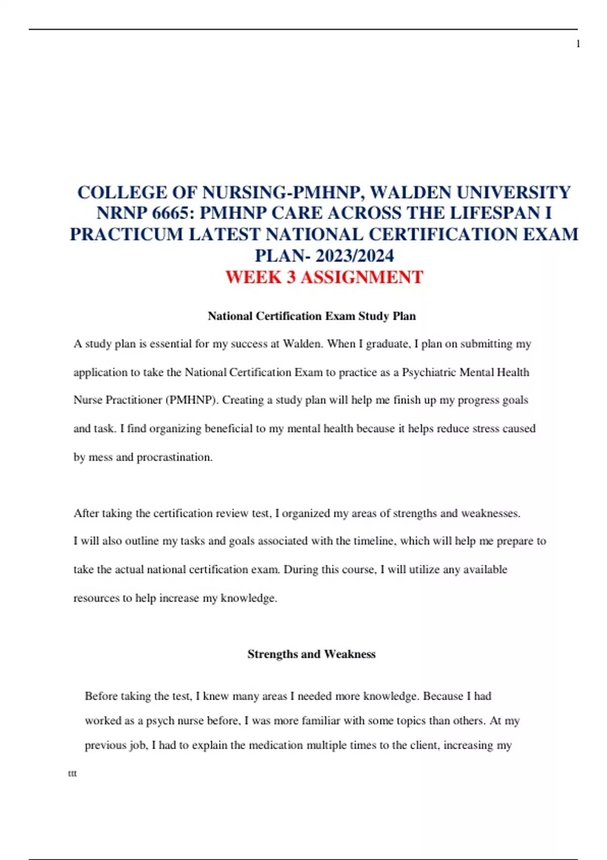 COLLEGE OF NURSING-PMHNP, WALDEN UNIVERSITY NRNP 6665: PMHNP CARE ACROSS THE LIFESPAN I ...