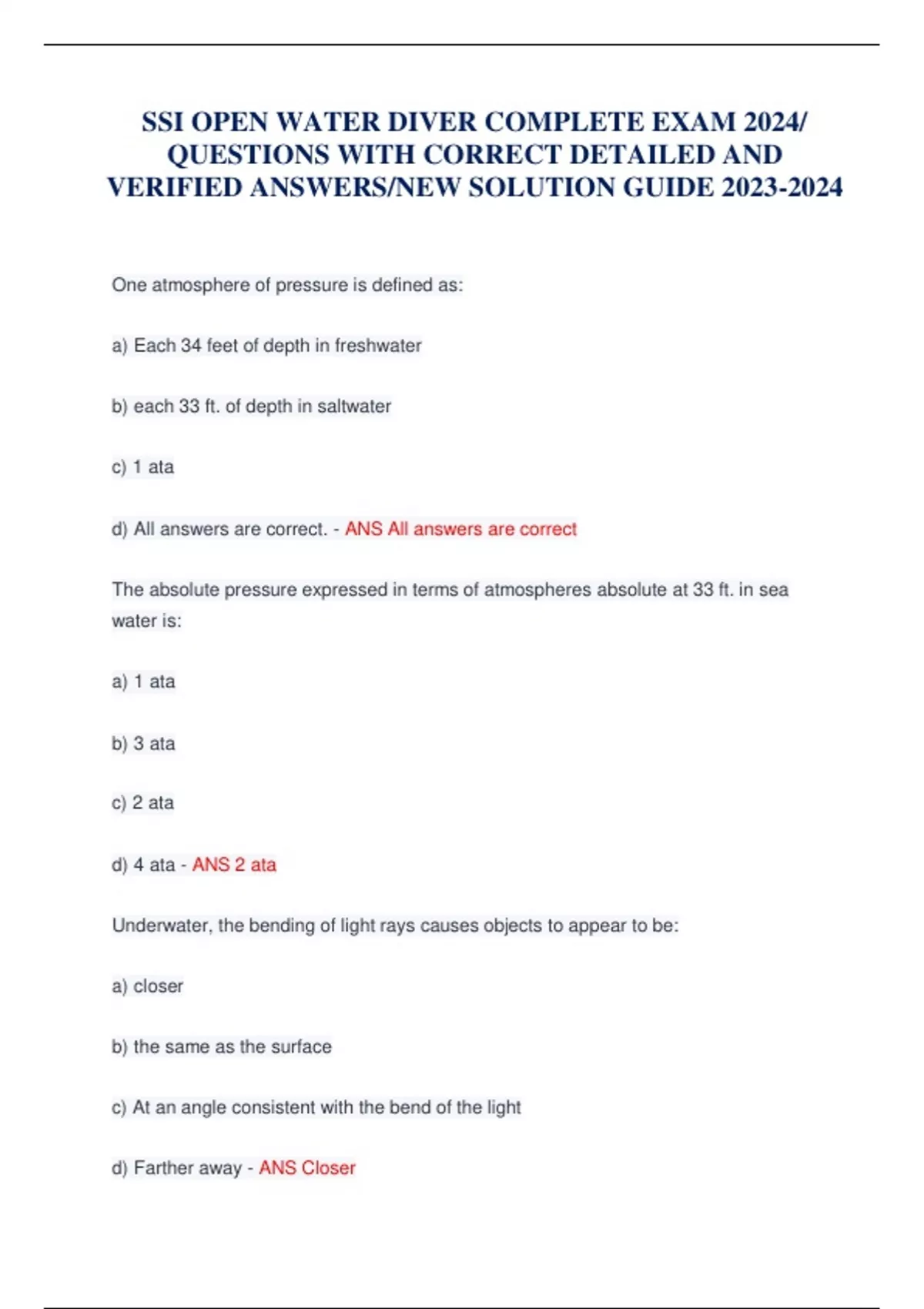 SSI OPEN WATER DIVER COMPLETE EXAM 2024/ QUESTIONS WITH CORRECT ...