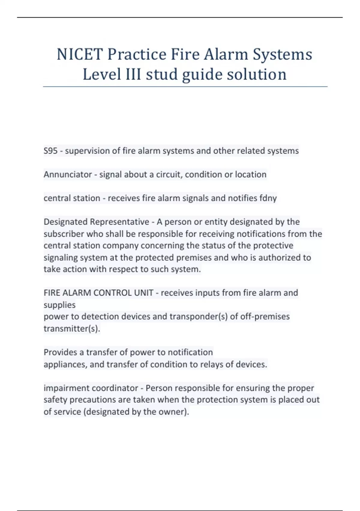 NICET Practice Fire Alarm Systems Level III stud guide solution - NICET ...