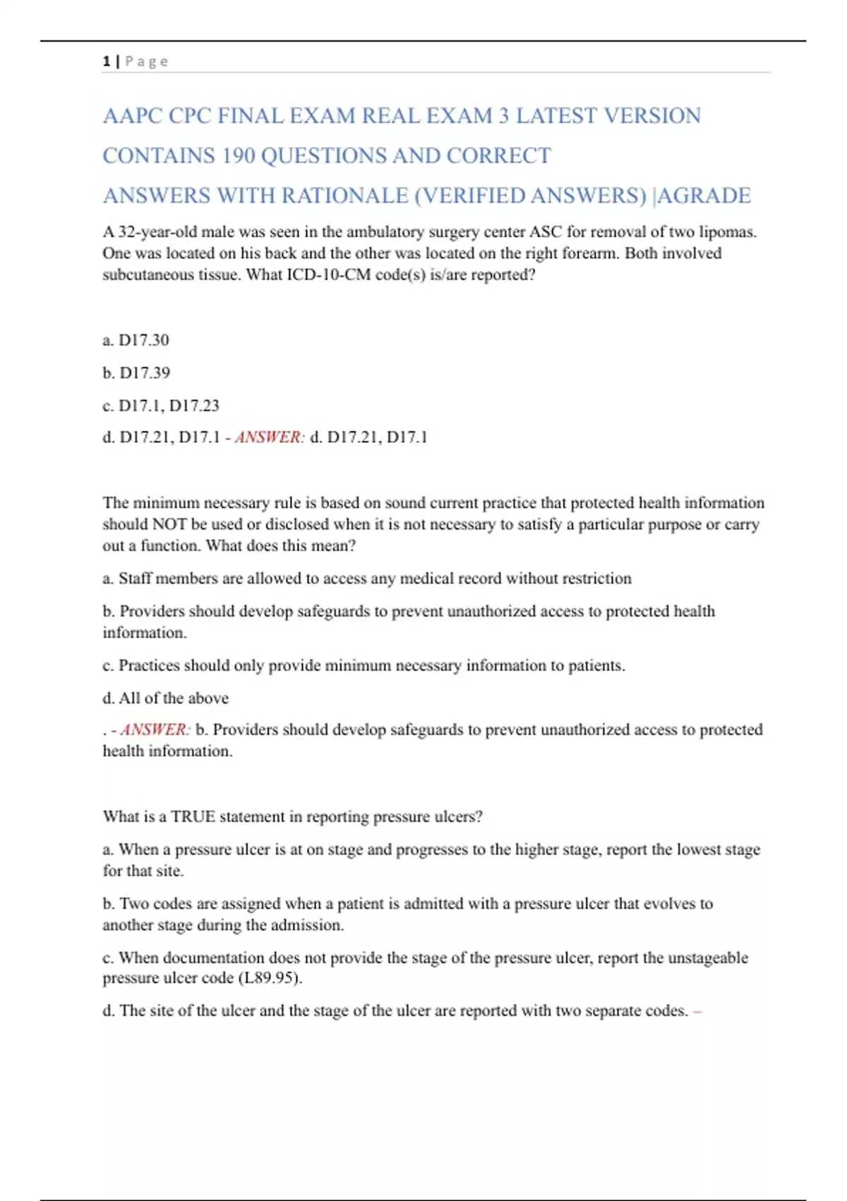 AAPC CPC FINAL EXAM REAL EXAM 3 LATEST VERSION CONTAINS 190 QUESTIONS ...