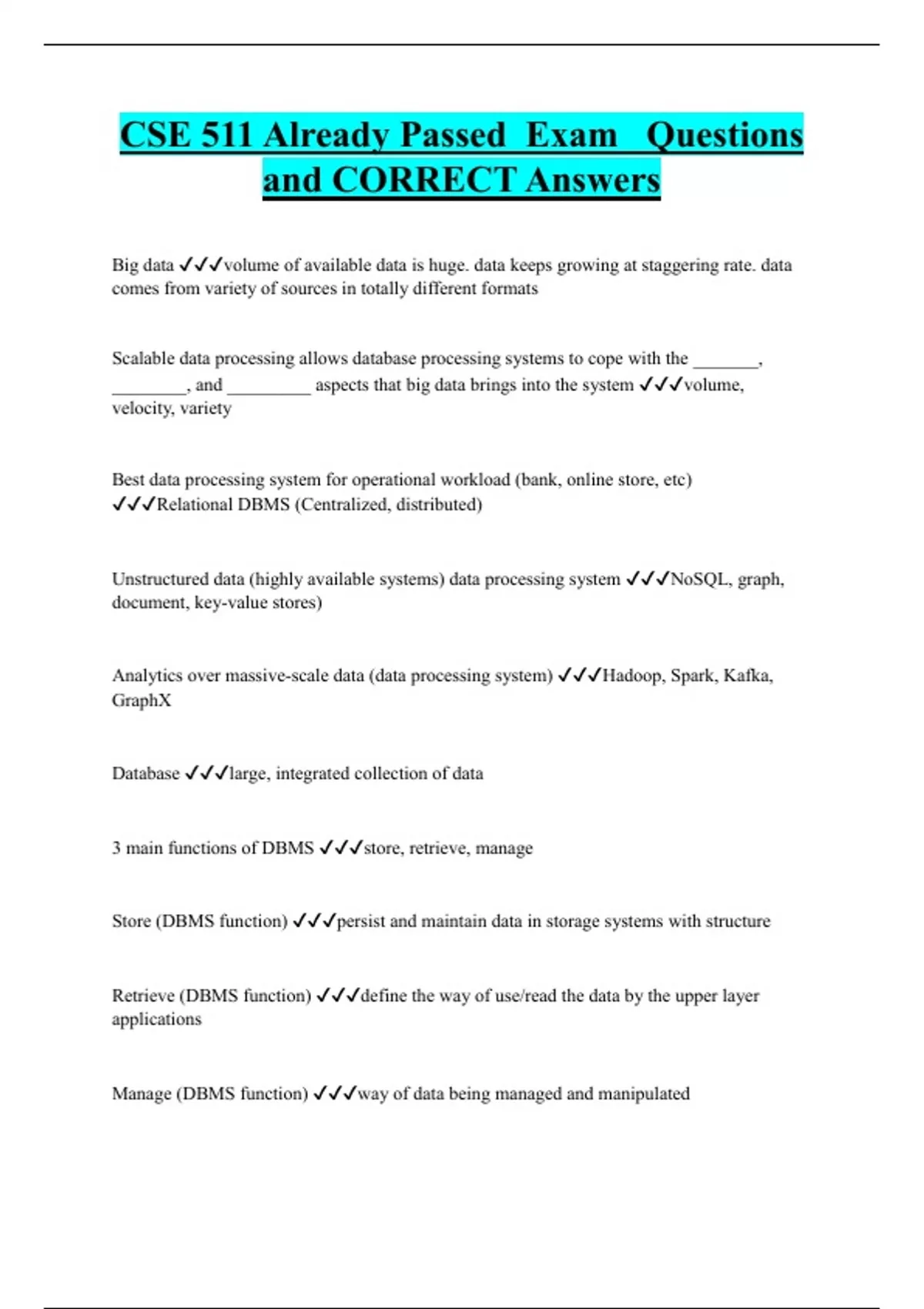 CSE 511 Already Passed Exam Questions and CORRECT Answers - CSE 511 - Stuvia US
