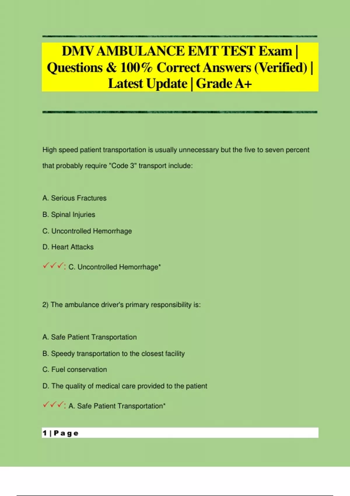 DMV AMBULANCE EMT TEST Exam | Questions & 100% Correct Answers ...