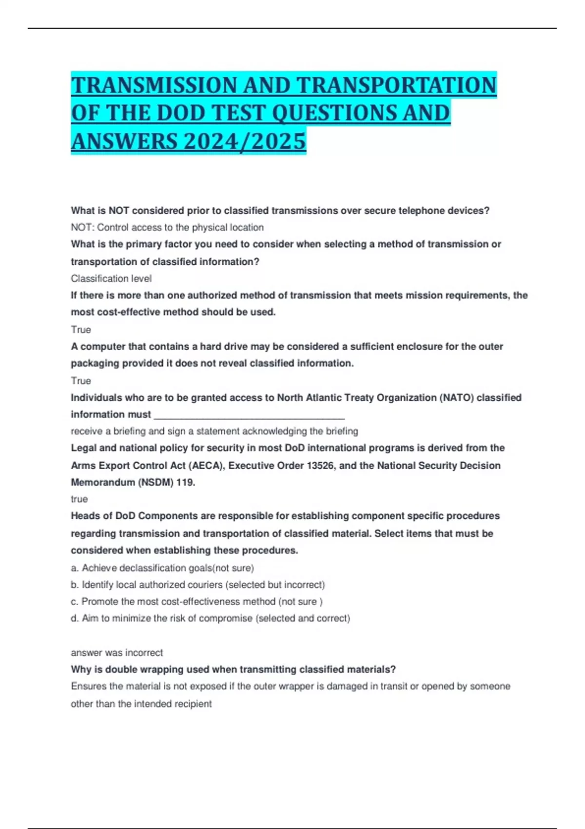 TRANSMISSION AND TRANSPORTATION OF THE DOD TEST QUESTIONS AND ANSWERS ...