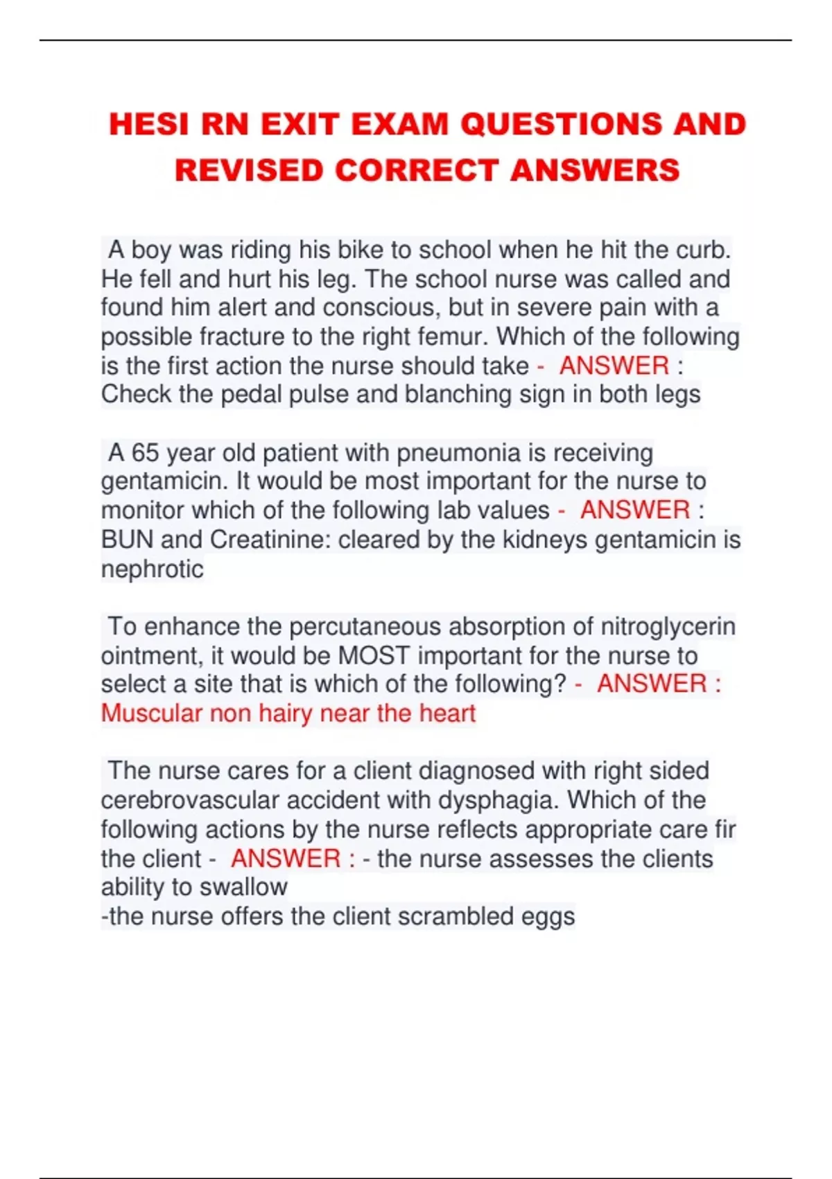 HESI RN EXIT EXAM QUESTIONS AND REVISED CORRECT ANSWERS - HESI RN EXIT ...