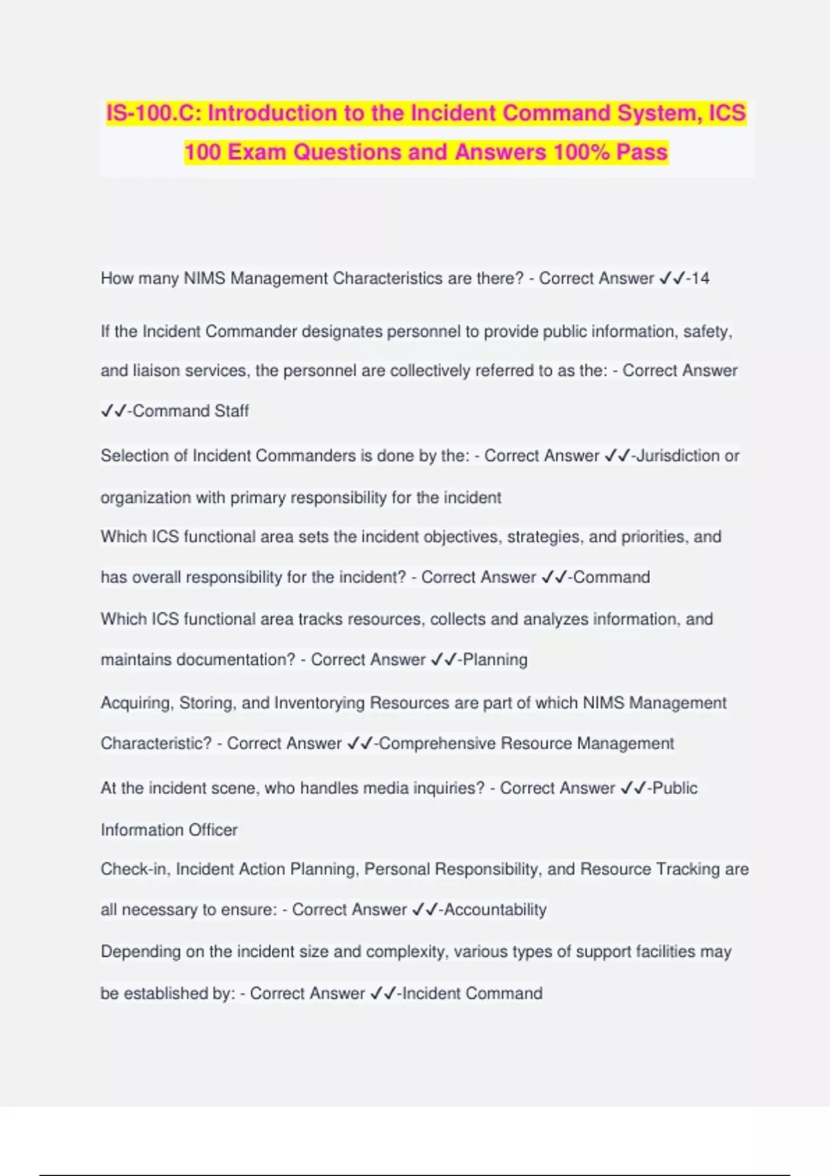 IS-100.C: Introduction to the Incident Command System, ICS 100 Exam ...