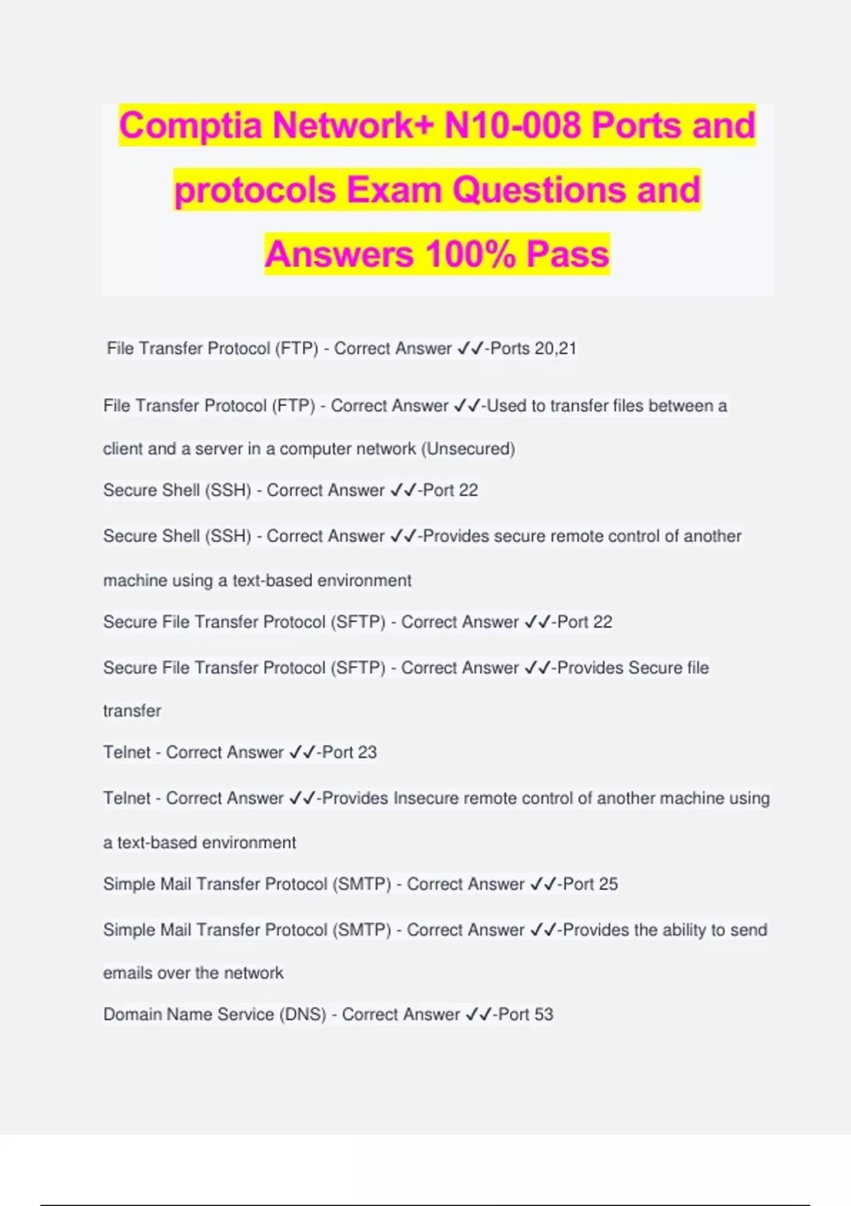 Comptia Network+ N10-008 Ports and protocols Exam Questions and Answers 100% Pass - Comptia ...