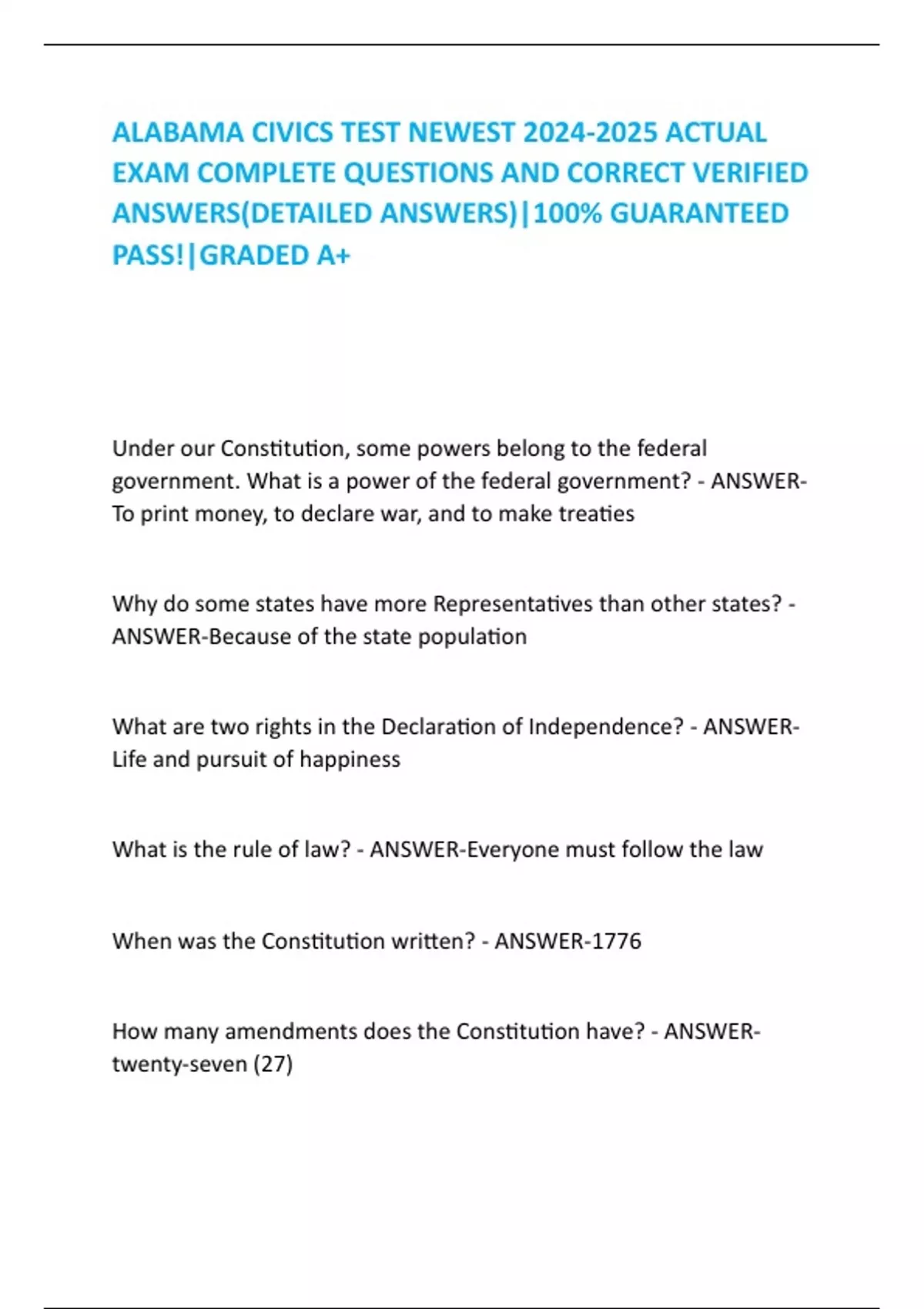 ALABAMA CIVICS TEST NEWEST ACTUAL EXAM COMPLETE QUESTIONS AND CORRECT ...