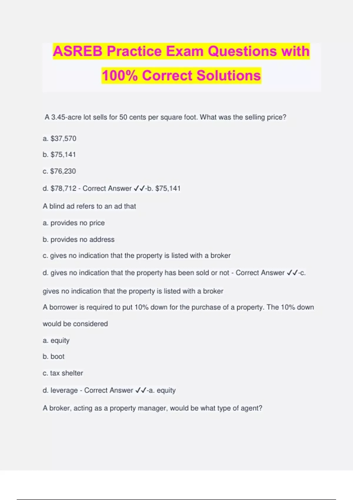 ASREB Practice Exam Questions with 100% Correct Solutions - ASREB ...