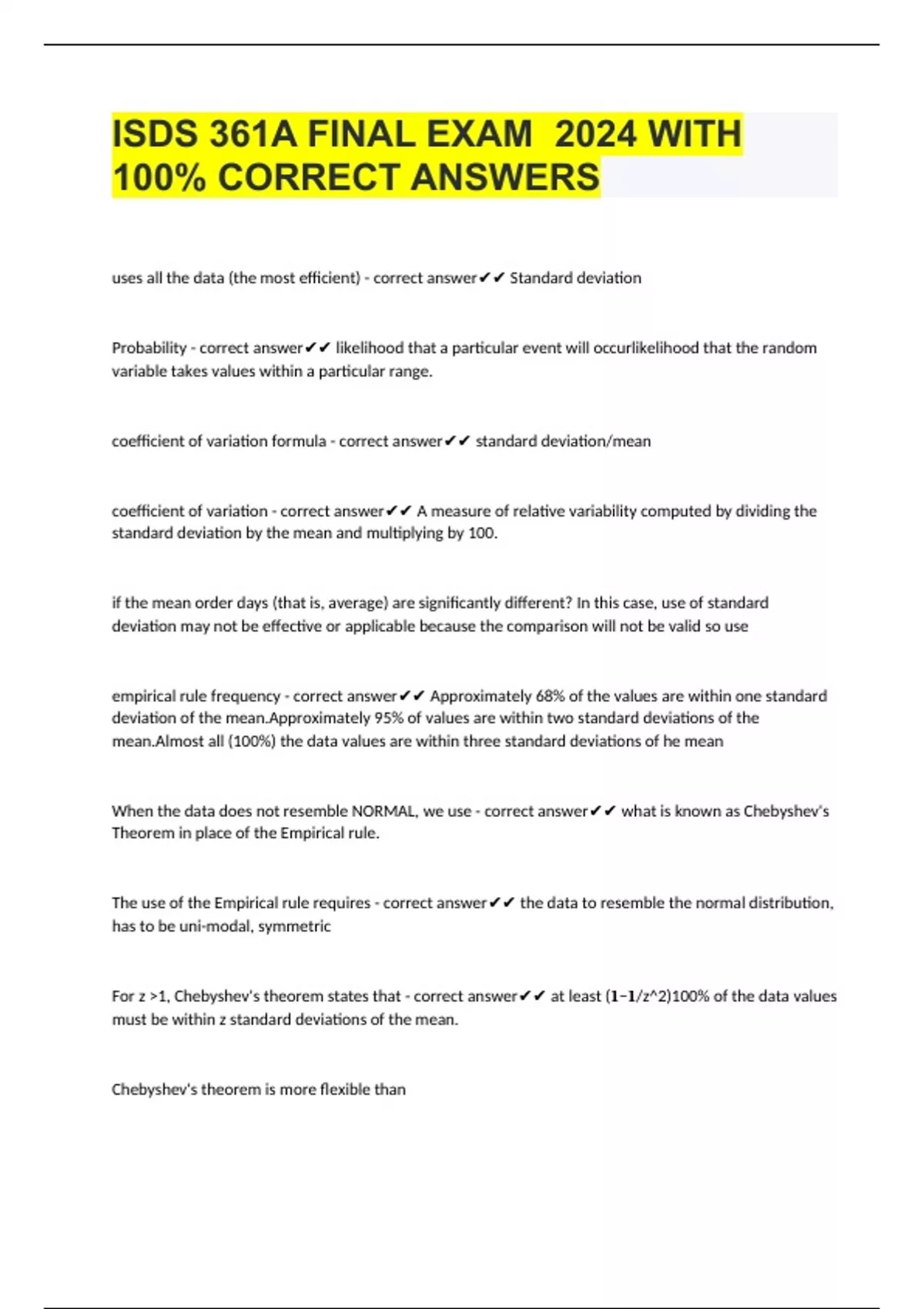 ISDS 361A FINAL EXAM 2024 WITH 100% CORRECT ANSWERS - ISDS 361A - Stuvia US