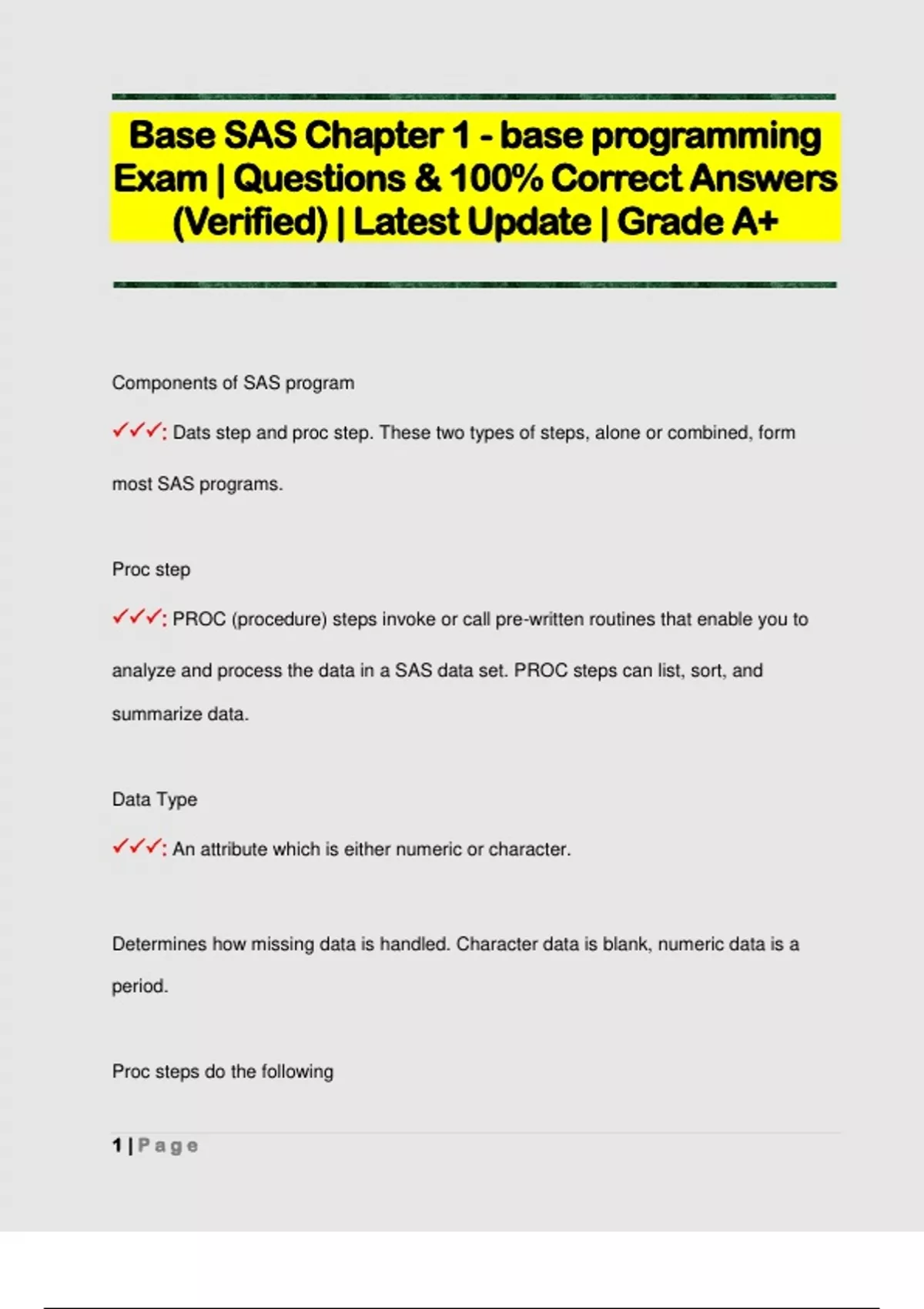 Base SAS Chapter 1 - base programming Exam | Questions & 100% Correct Answers (Verified ...