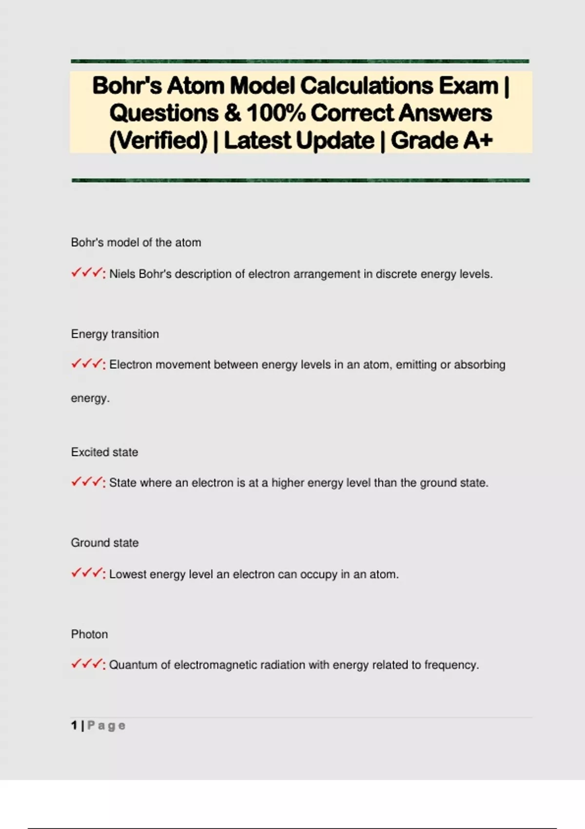 Bohr's Atom Model Calculations Exam | Questions & 100% Correct Answers ...