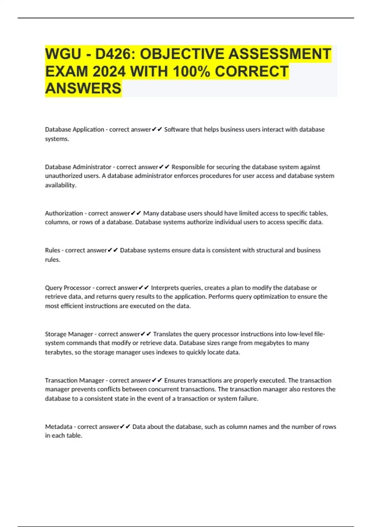 WGU - D426: OBJECTIVE ASSESSMENT EXAM 2024 WITH 100% CORRECT ANSWERS ...