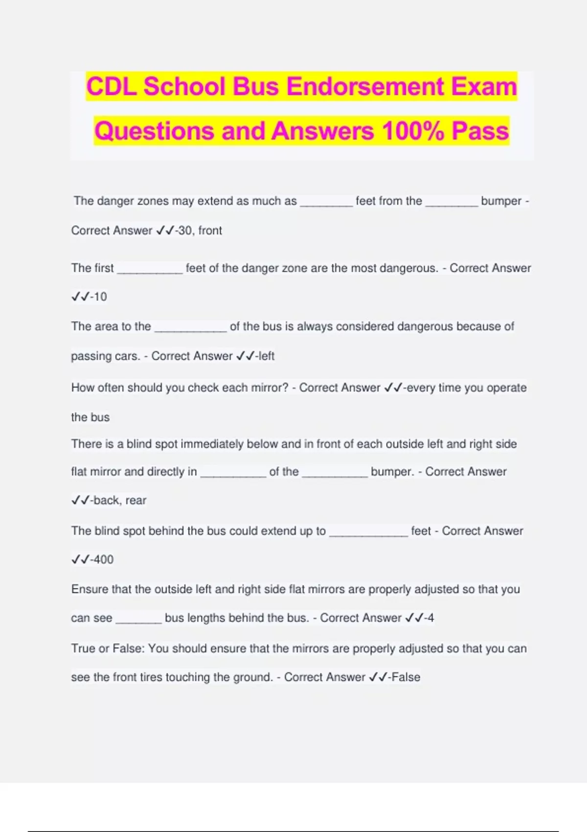 CDL School Bus Endorsement Exam Questions and Answers 100% Pass - CDL ...