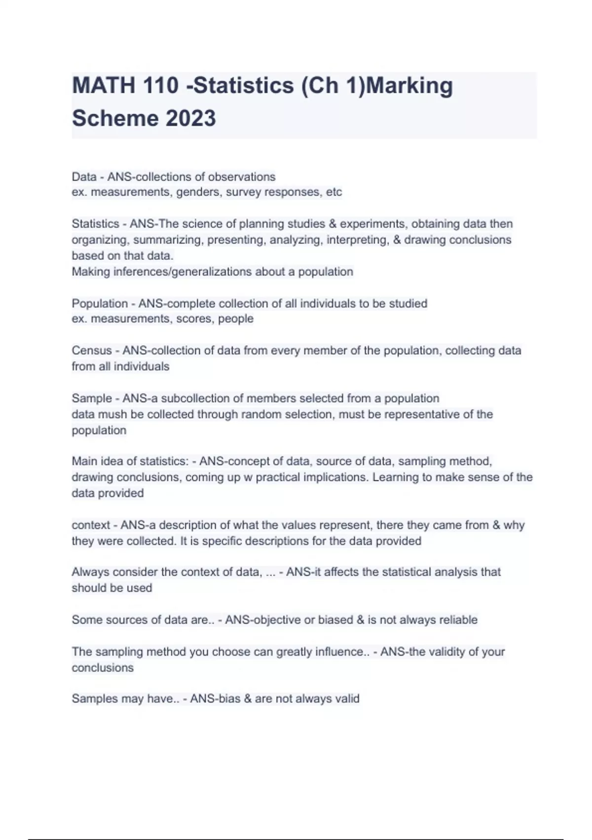 MATH 110 -Statistics (Ch 1)Marking Scheme 2023 - ALL TESTSTUDY - Stuvia US